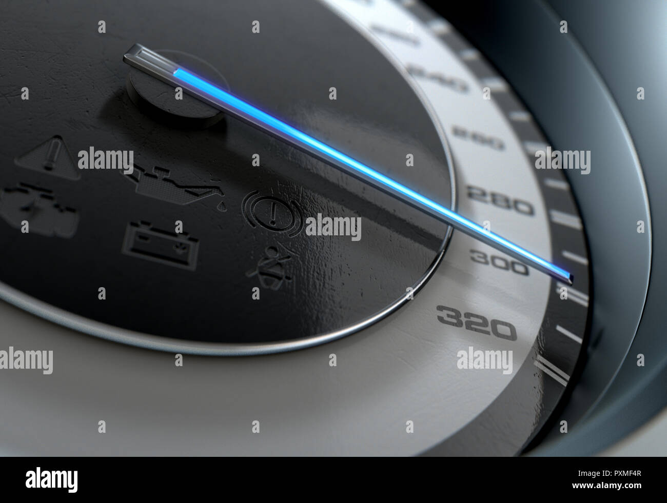 A sporty speedometer with a glowing blue needle pointing towards a high ...