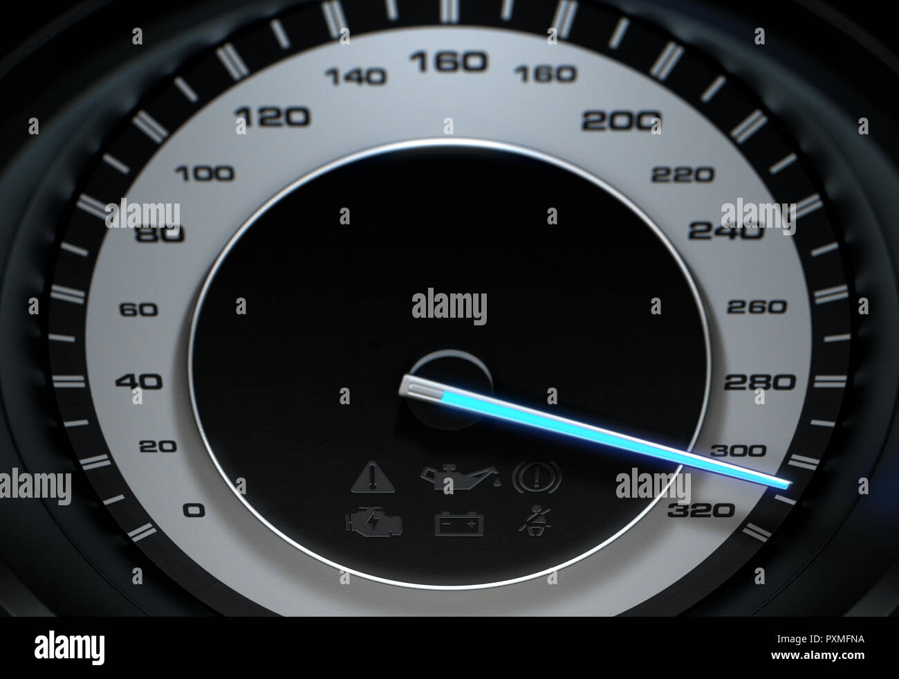 A sporty speedometer with a glowing blue needle pointing towards a high ...
