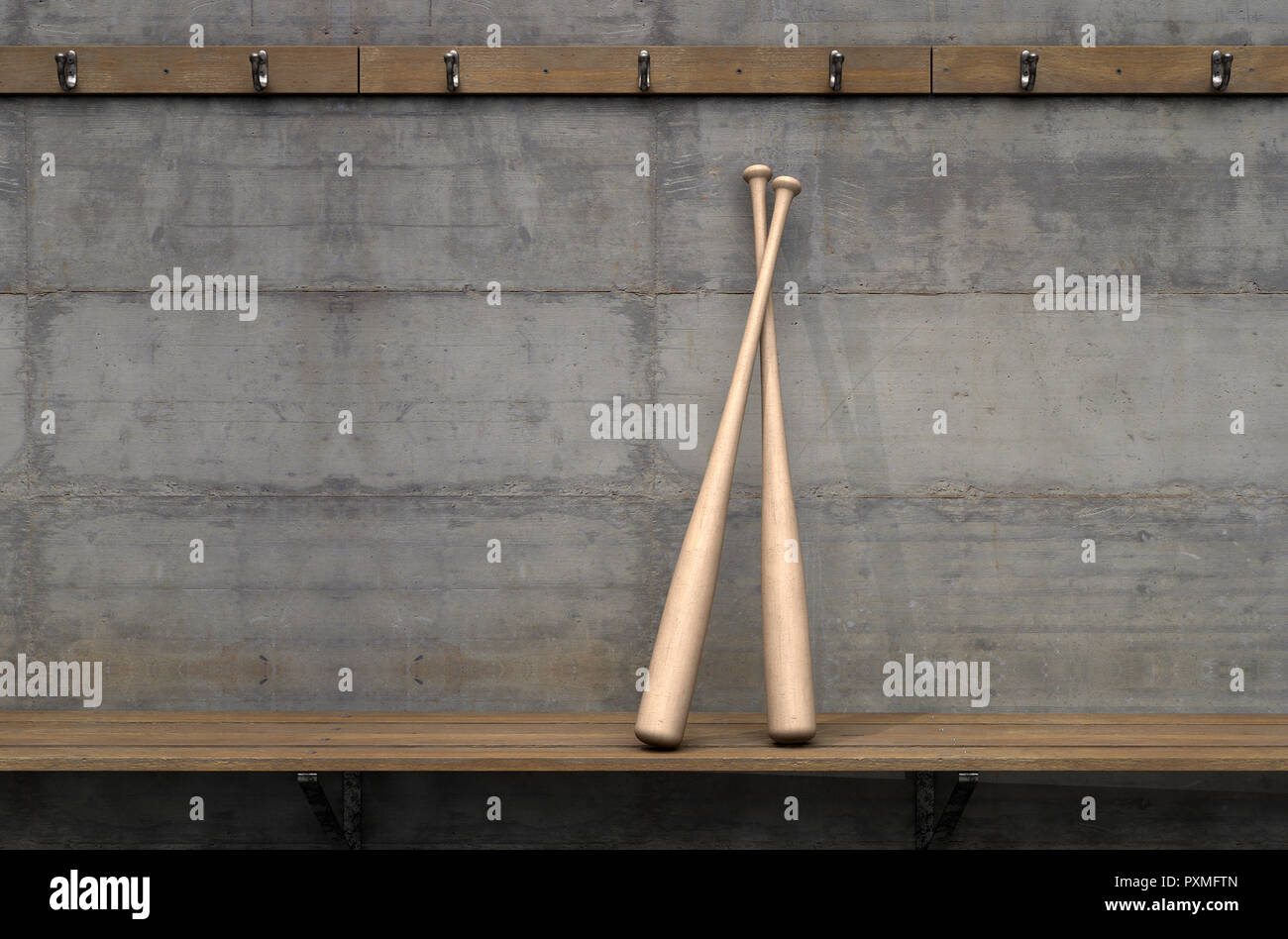 Two baseball bats on a wooden bench in a rundown sports locker change ...