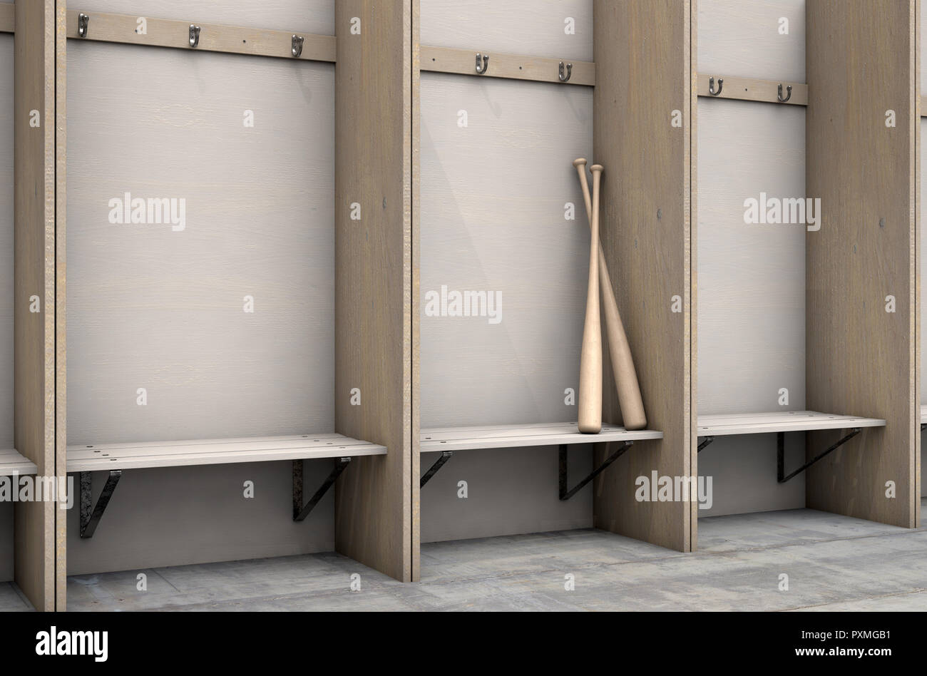 Two baseball bats in a wooden cubicle with a bench and hangers in a ...