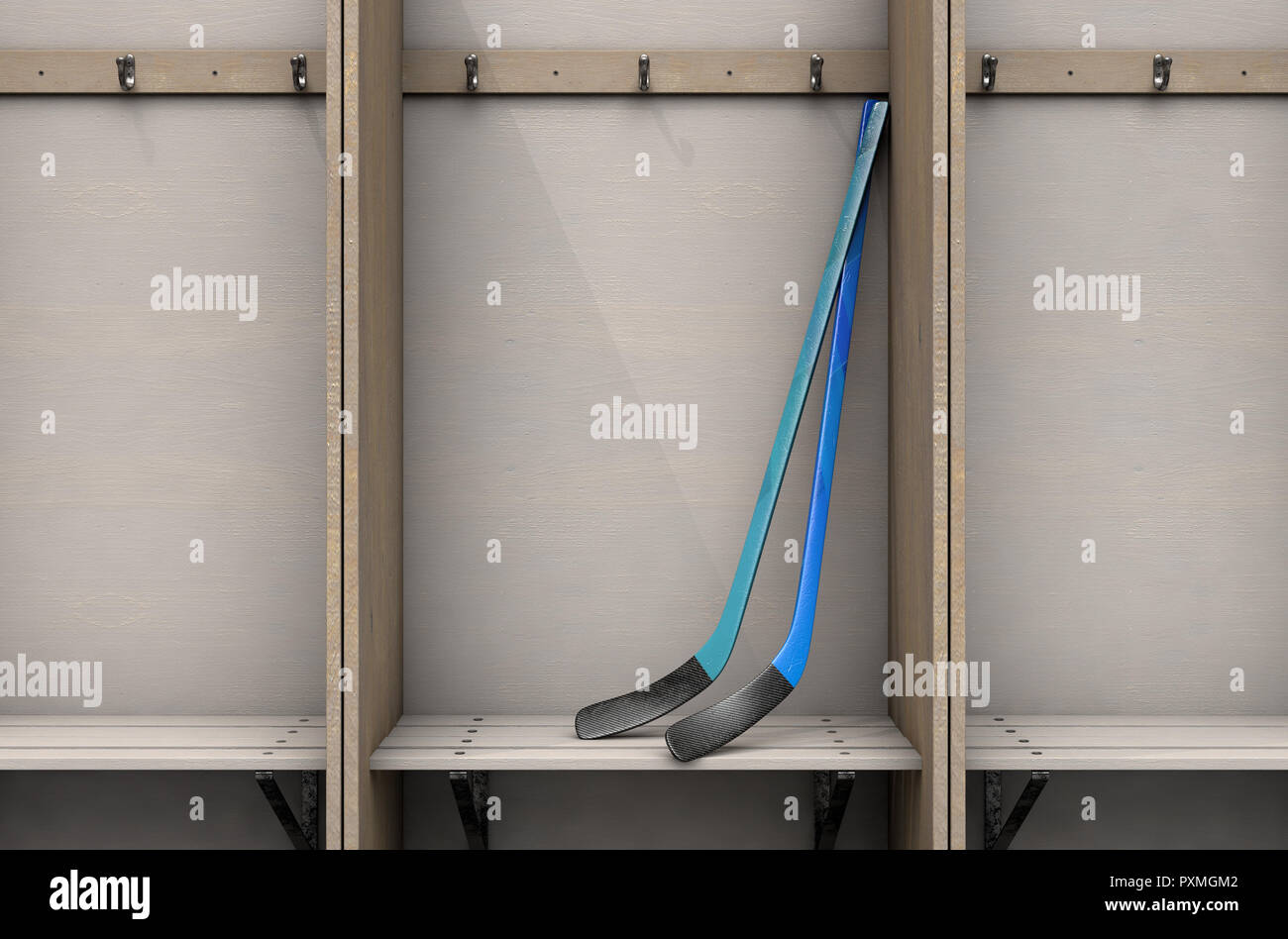Two ice hockey sticks in a wooden cubicle with a bench and hangers in a ...