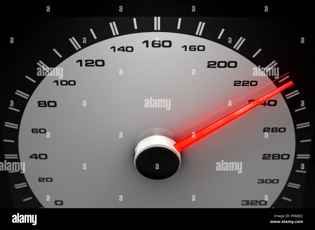 A sporty speedometer with a glowing orange needle pointing towards a ...