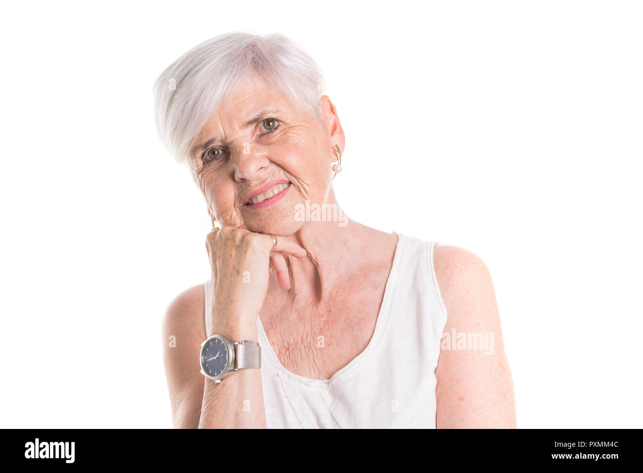 elderly woman on studio white background Stock Photo - Alamy