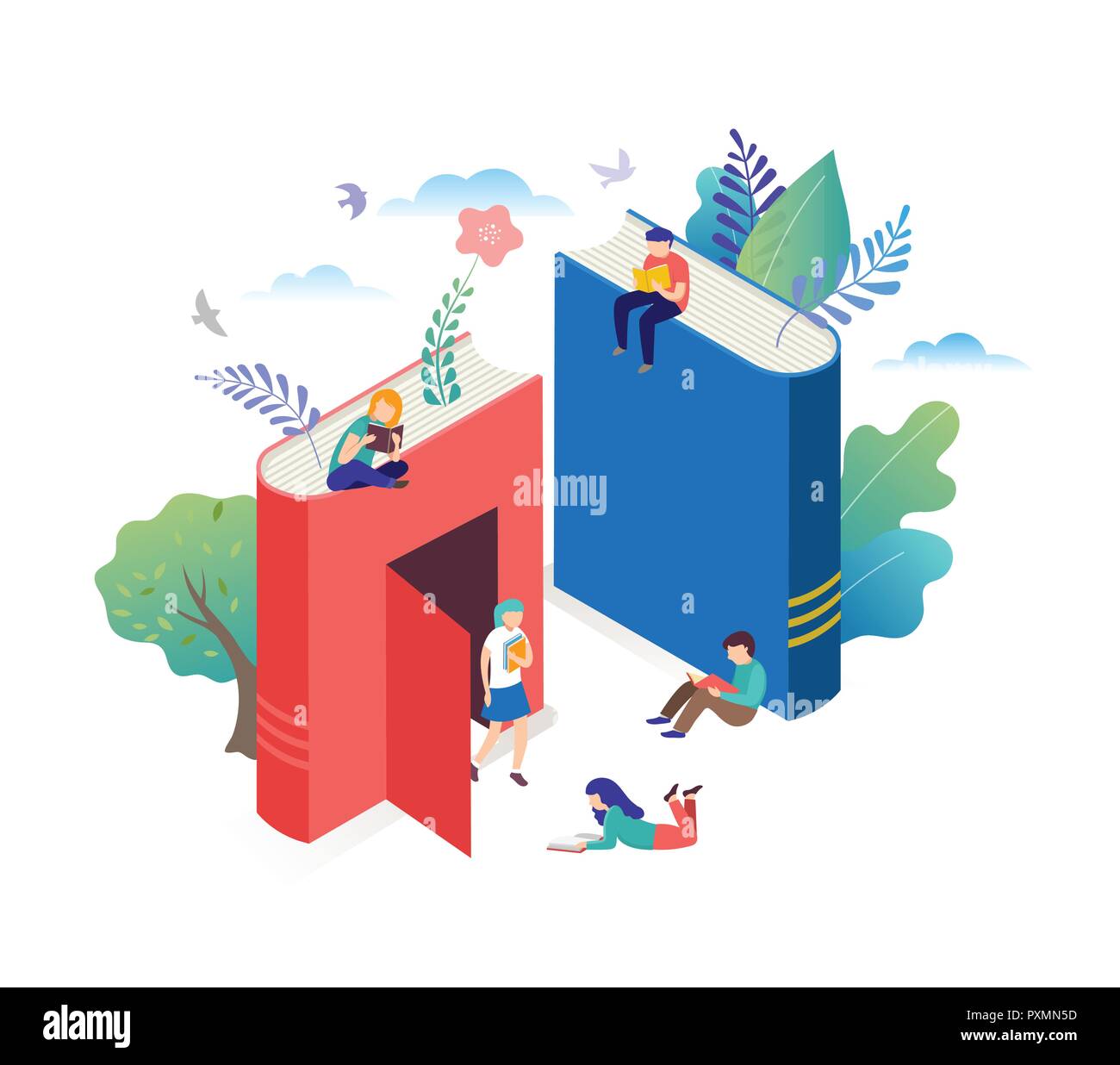 Book festival concept - a group of tiny people reading a huge open book ...