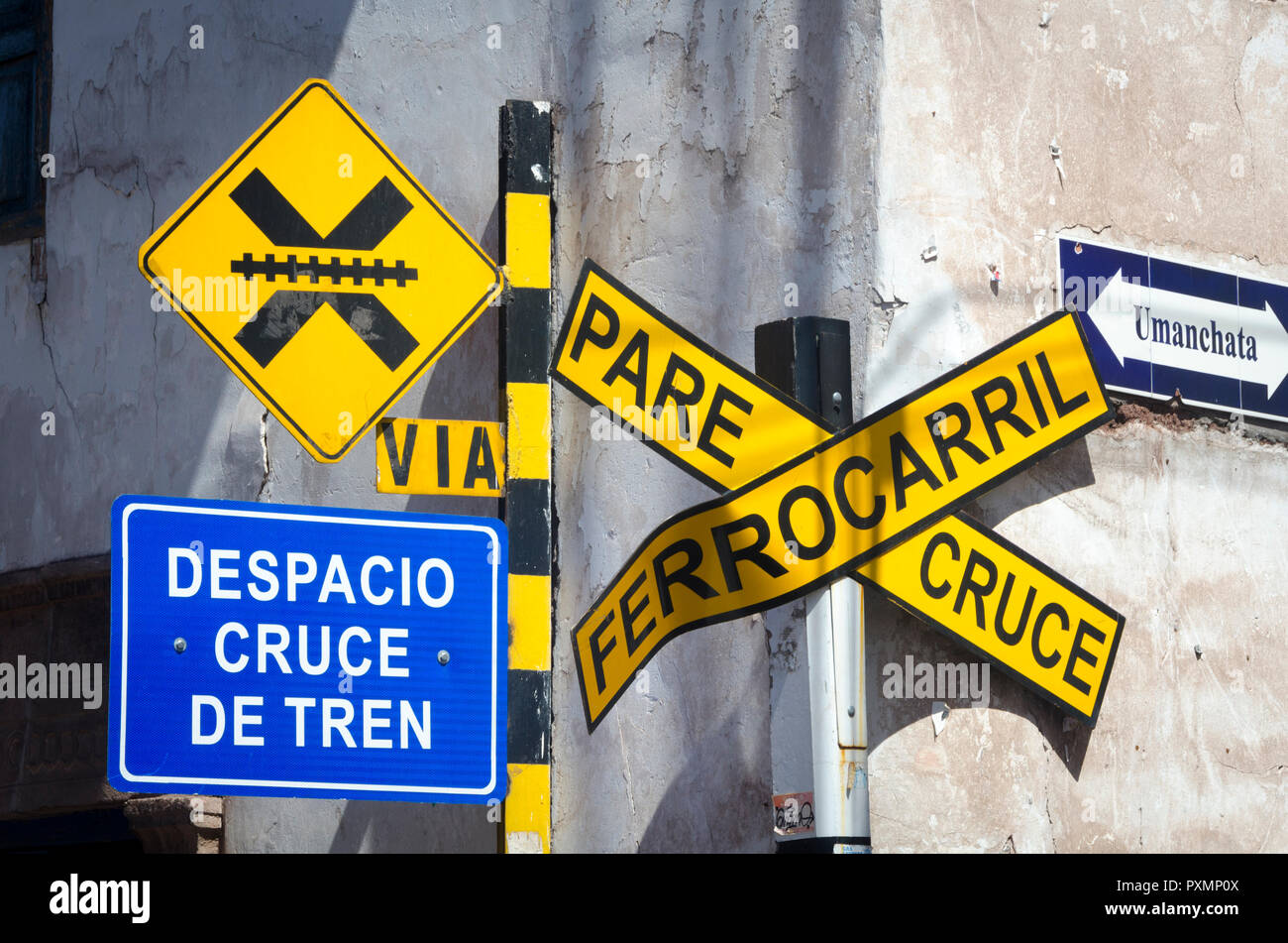 Railway crossing signs, Cuzco, Peru Stock Photo - Alamy