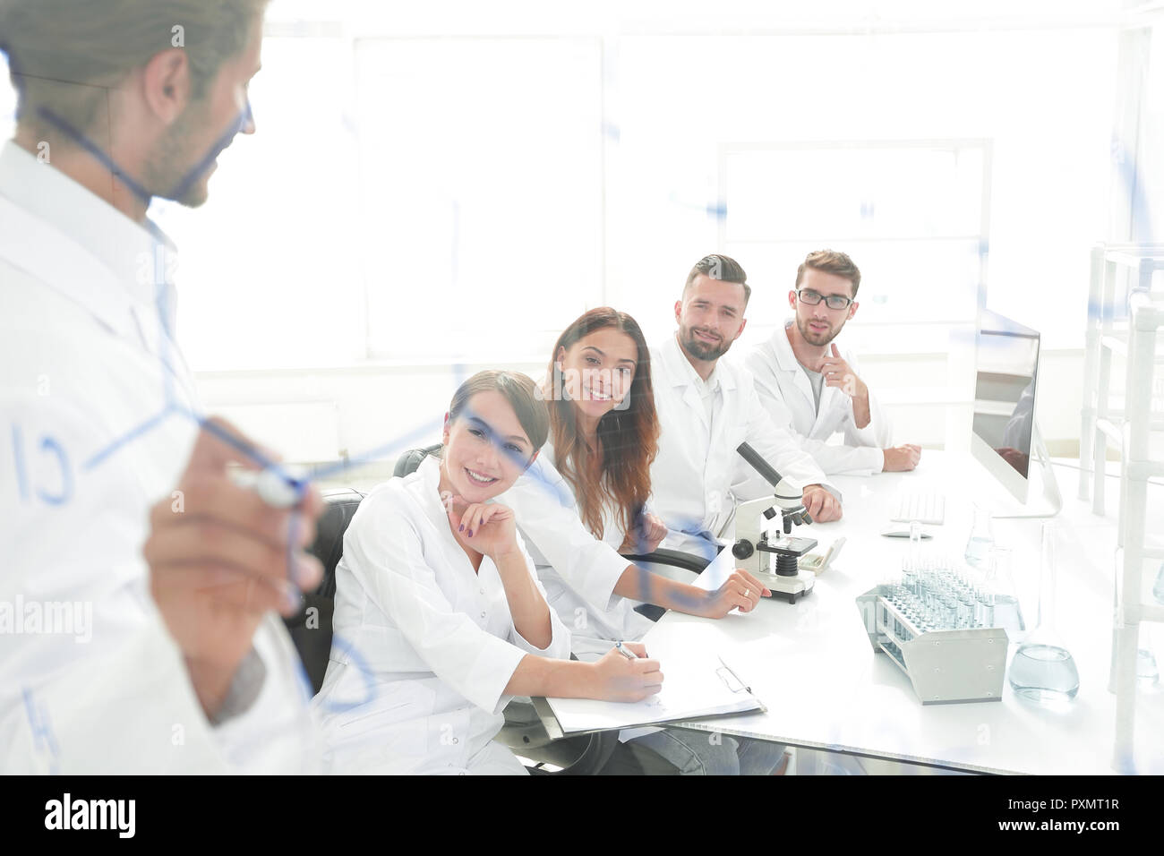 view through the transparent Board. a scientist makes a report Stock ...