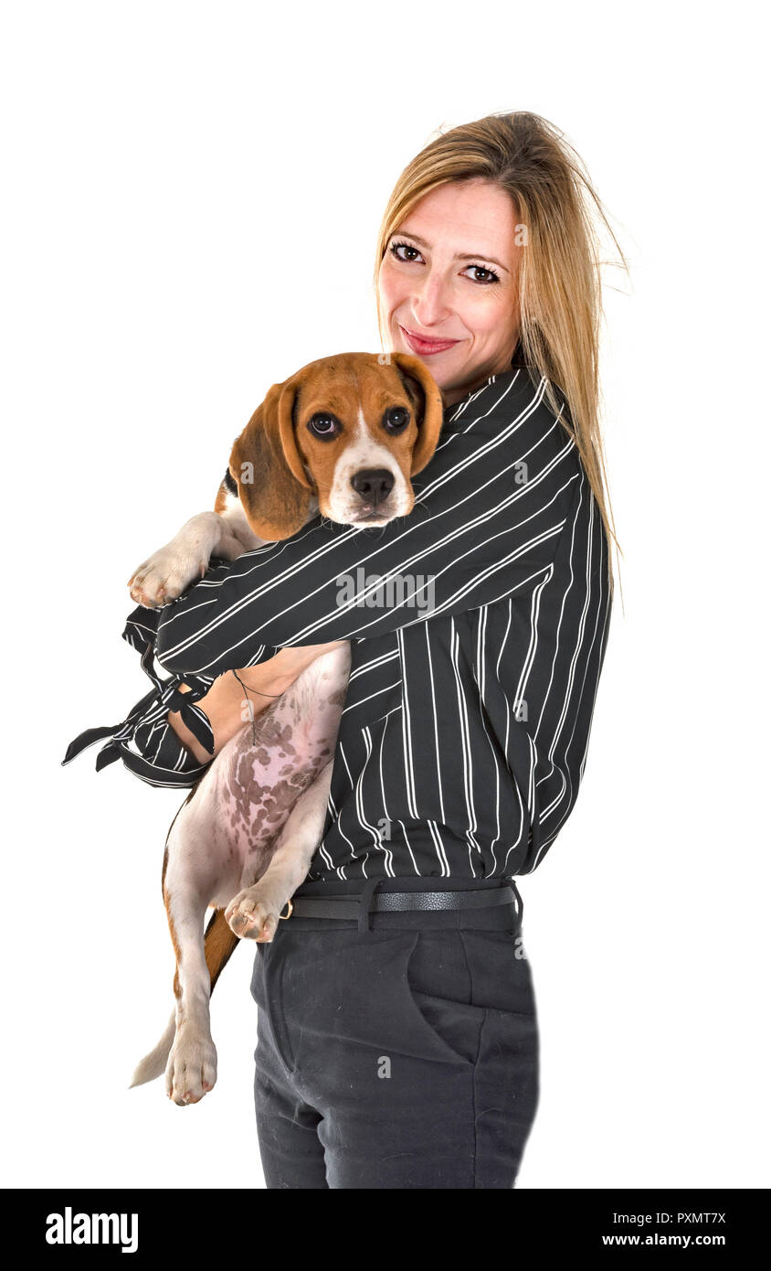 beagle dog and woman in front of white background Stock Photo - Alamy