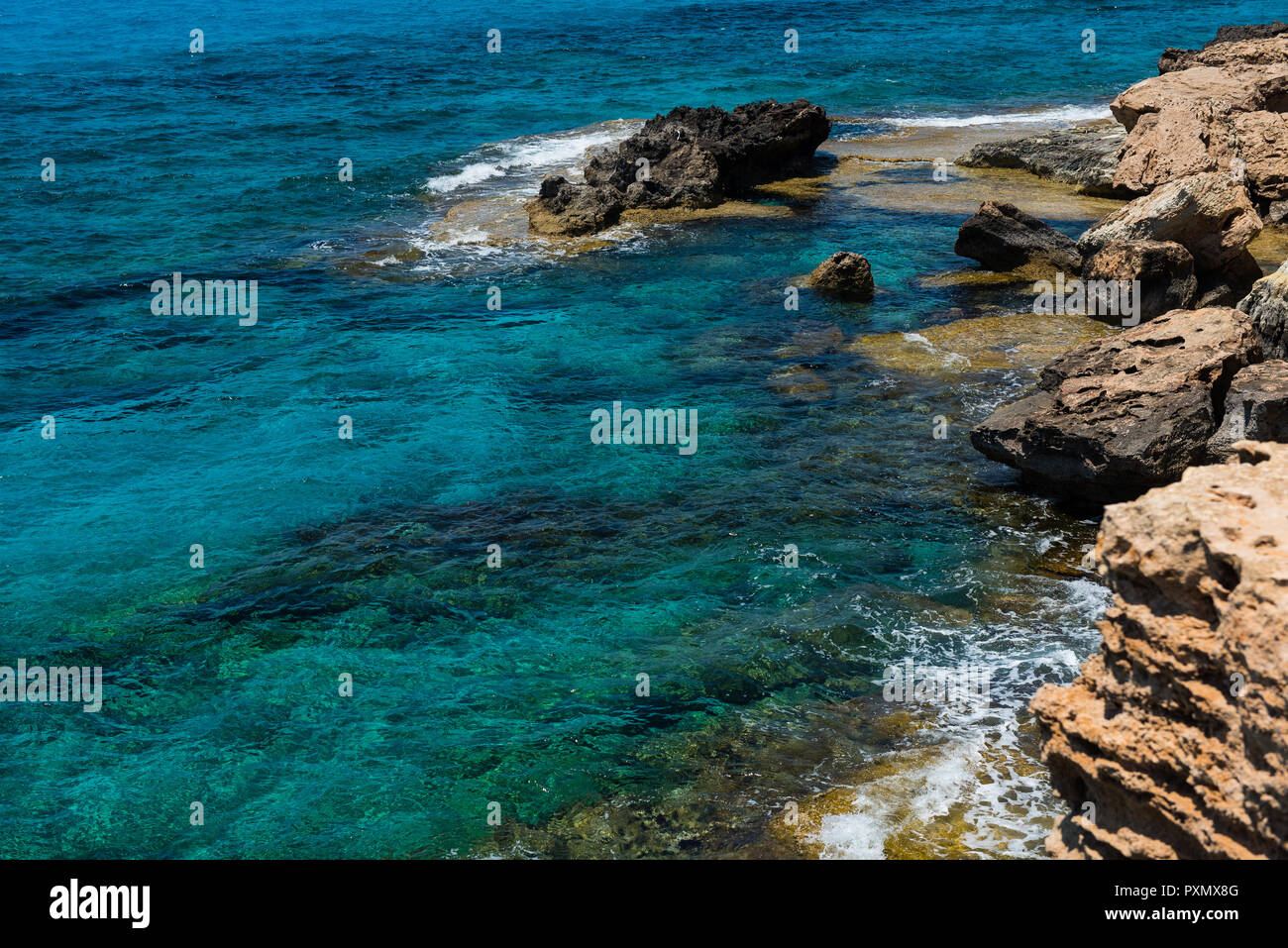 Sea caves (littoral caves) near Ayia Napa, Mediterranean sea coast ...