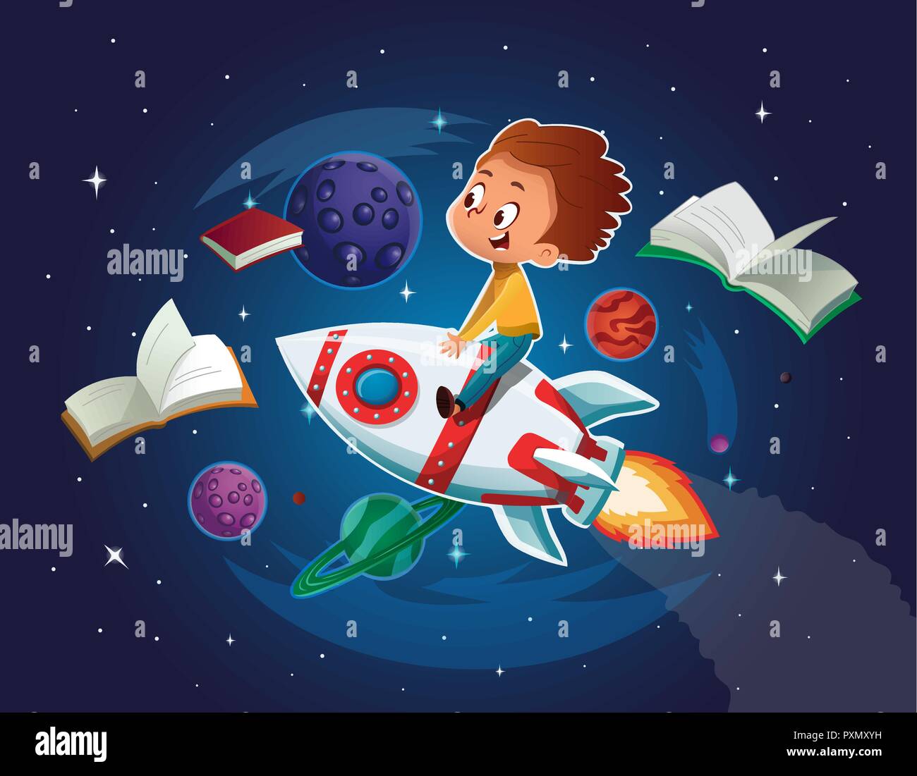 Happy Boy playing and imagine himself in space driving an toy space ...