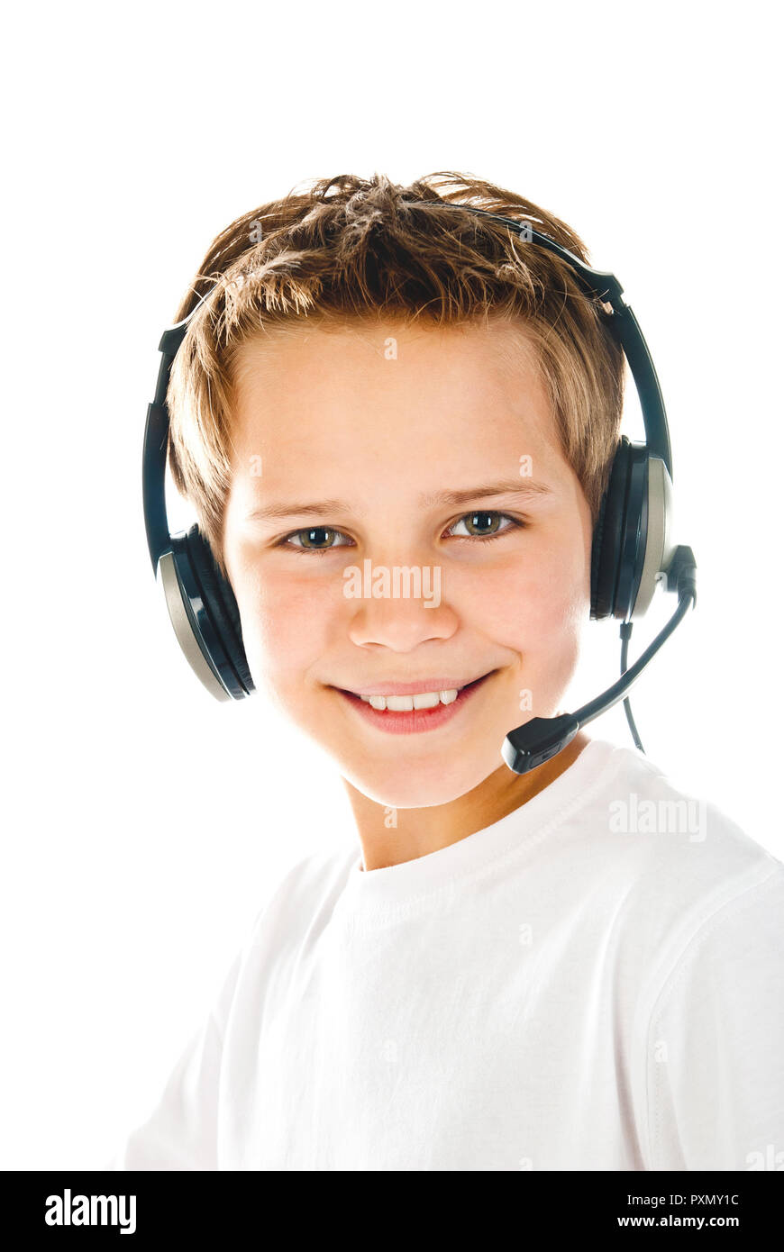 little boy with headset isolated on a white background Stock Photo - Alamy