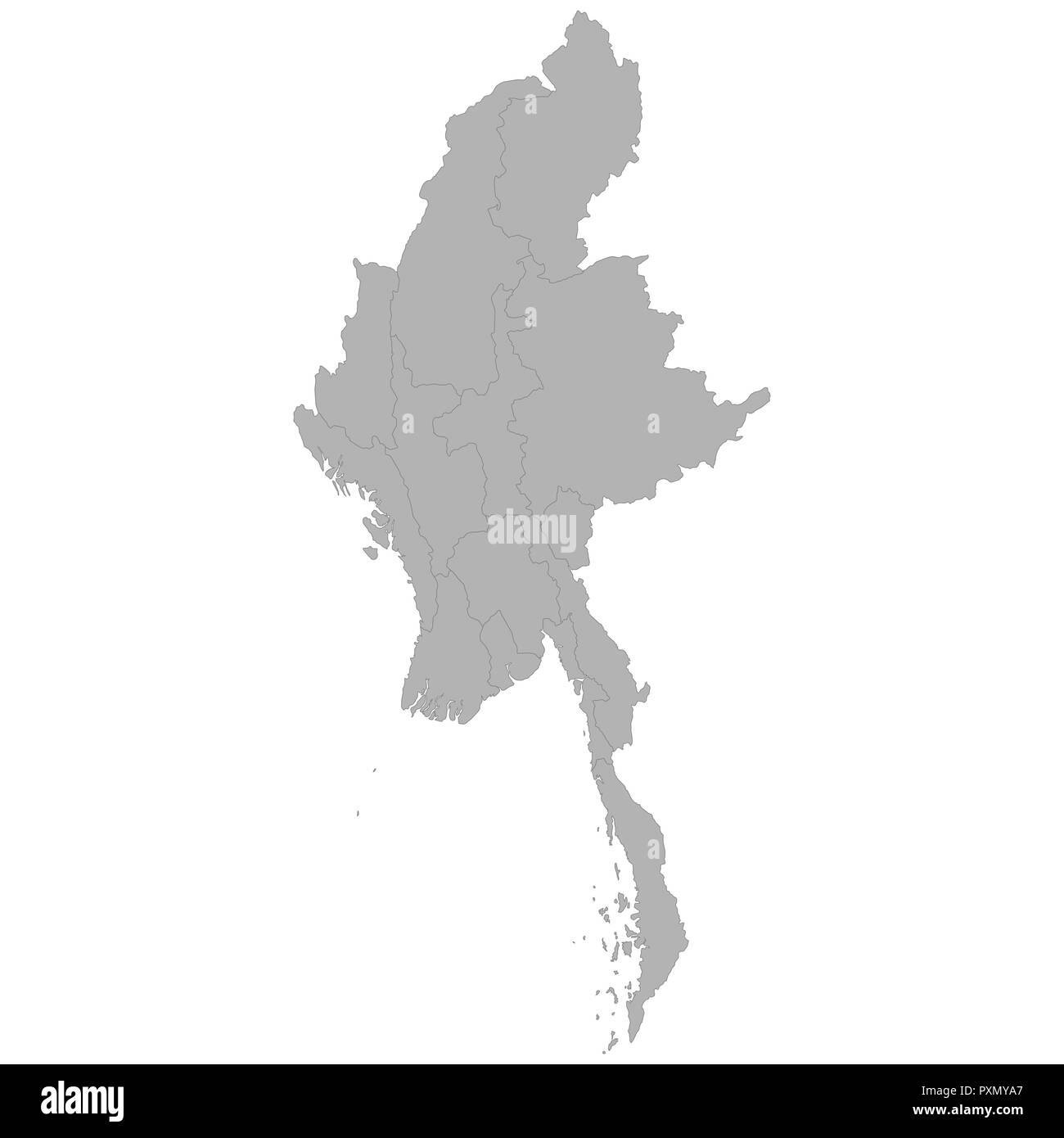 High quality map of Myanmar with borders of the regions on white ...