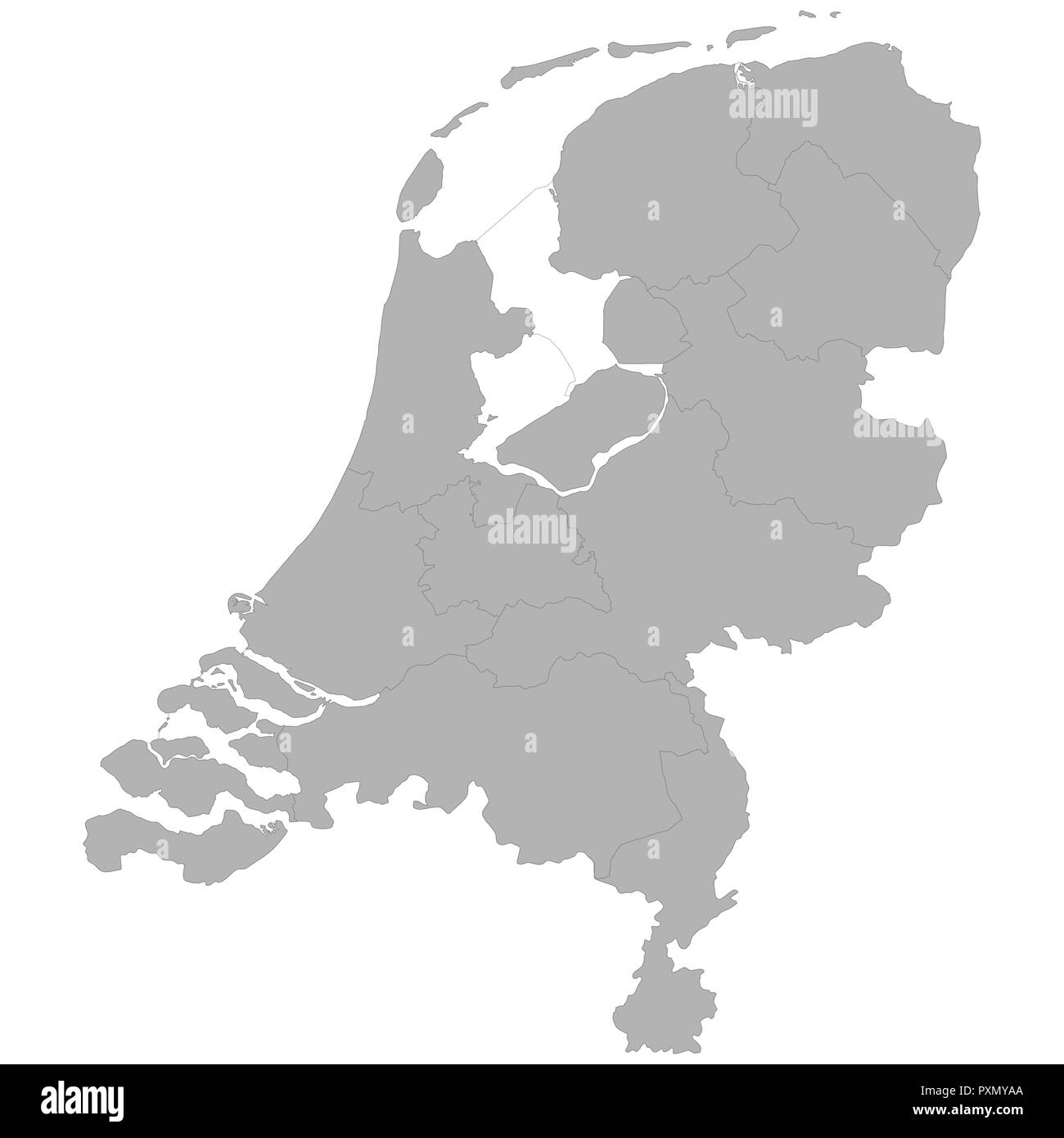High quality map of Netherlands with borders of the regions on white ...