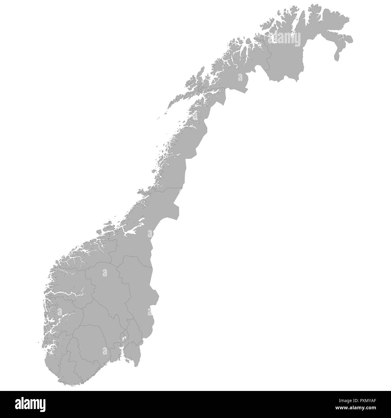 High quality map of Norway with borders of the regions on white ...