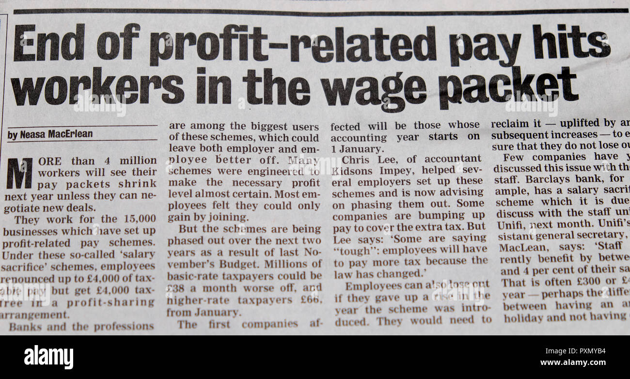  End Of Profit related Pay Hits Workers In The Wage Packet Newspaper Article London UK 1997 