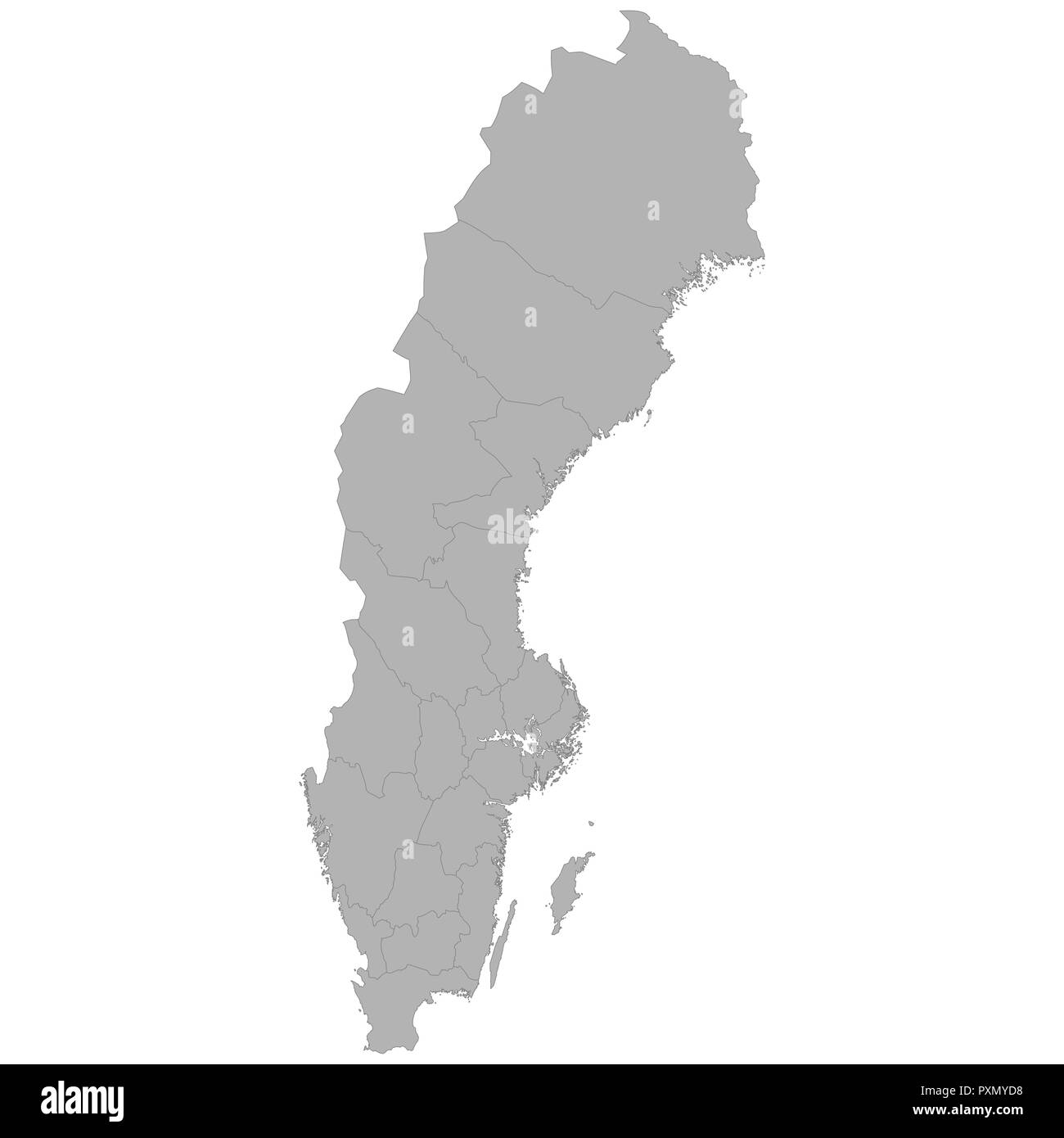 High quality map of Sweden with borders of the regions on white ...