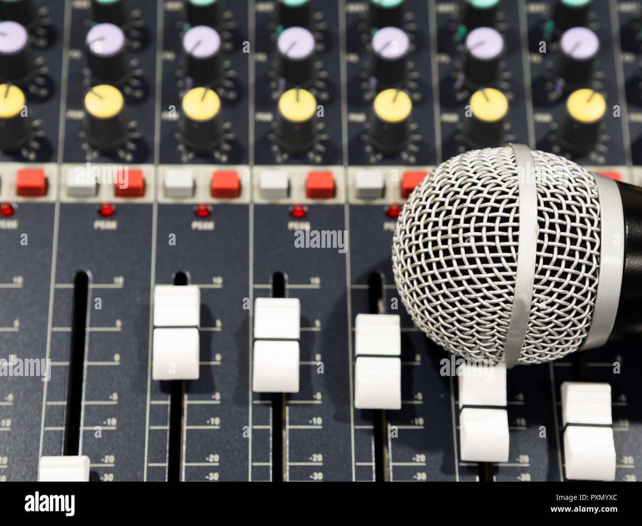 Silver shiny microphone on audio mixer in studio top view Stock Photo ...