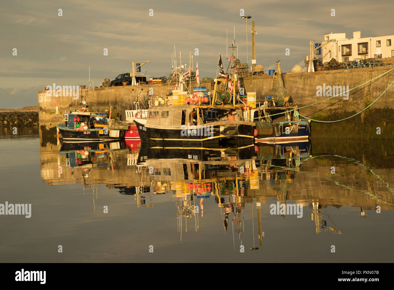 Evening sun on fishing boats in Seahouses harbour, Northumberland ...