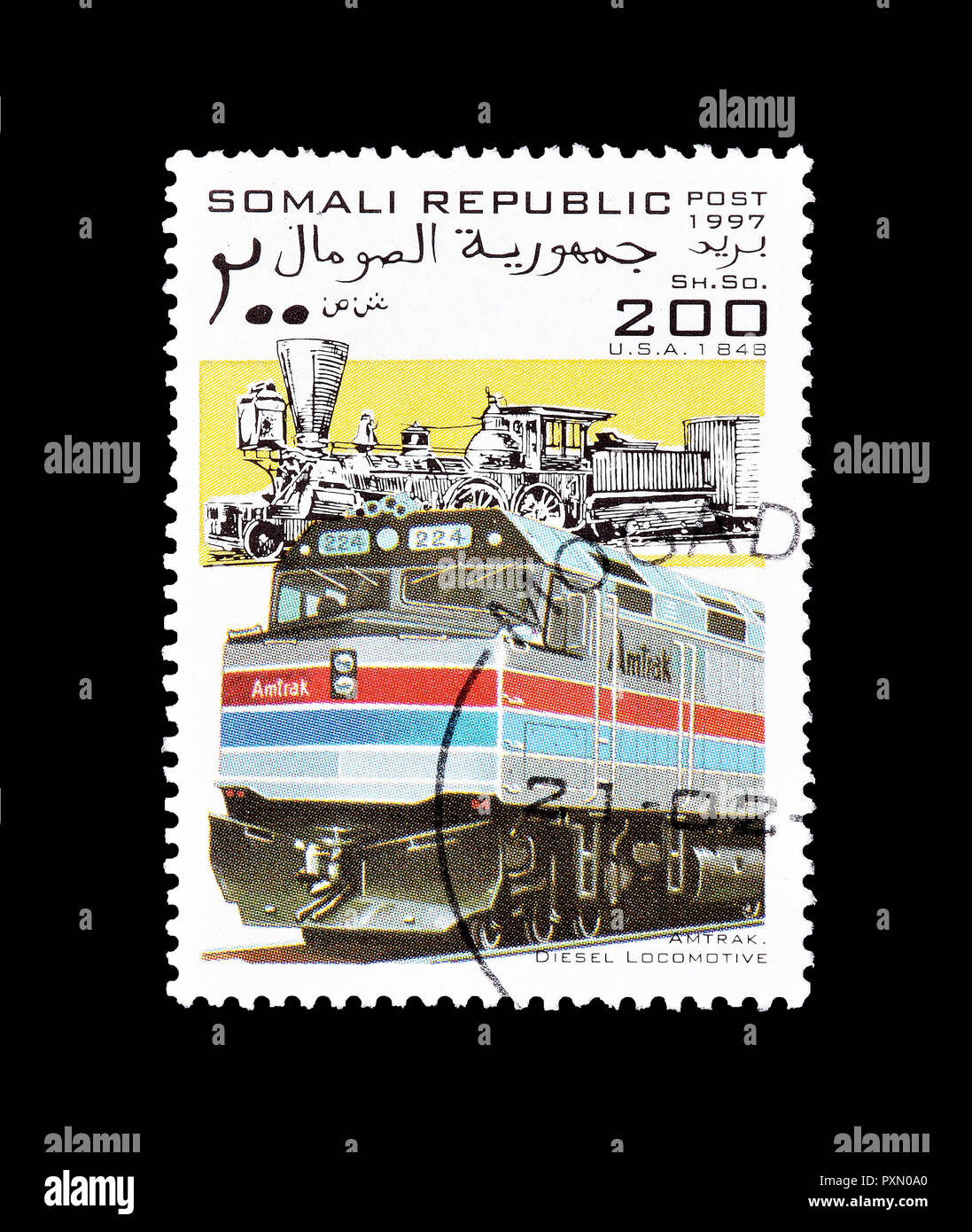 Cancelled postage stamp printed by Somali Republic, that shows Amtrak ...