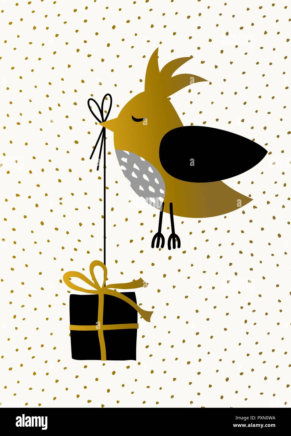 Christmas design with bird carrying a present on golden and white ...