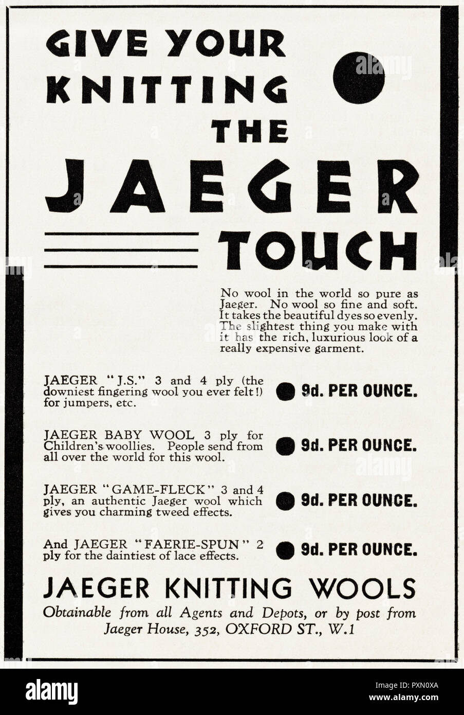 1930s old vintage original advert advertising Jaeger knitting wools in ...