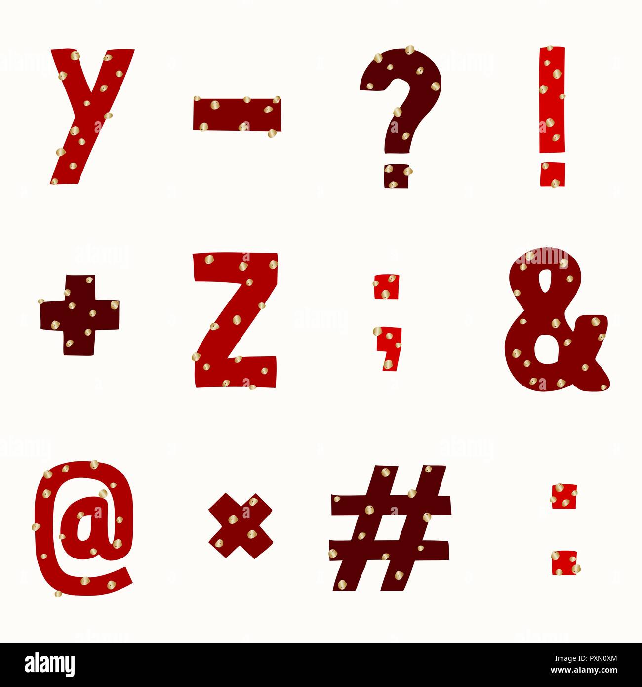 A set of red letters and symbols decorated with golden dots. Festive ...