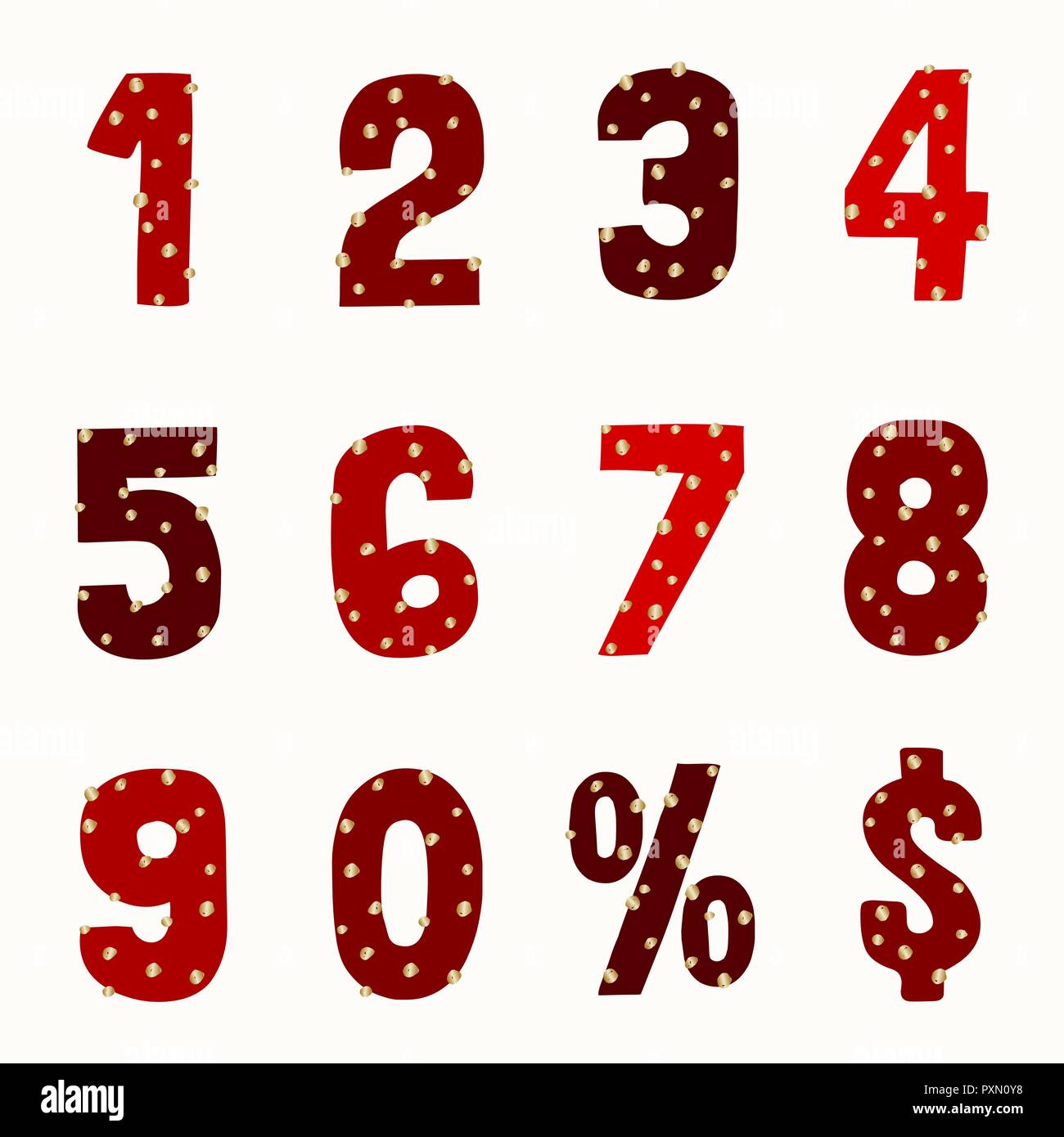 A set of red numbers and symbols decorated with golden dots. Festive ...