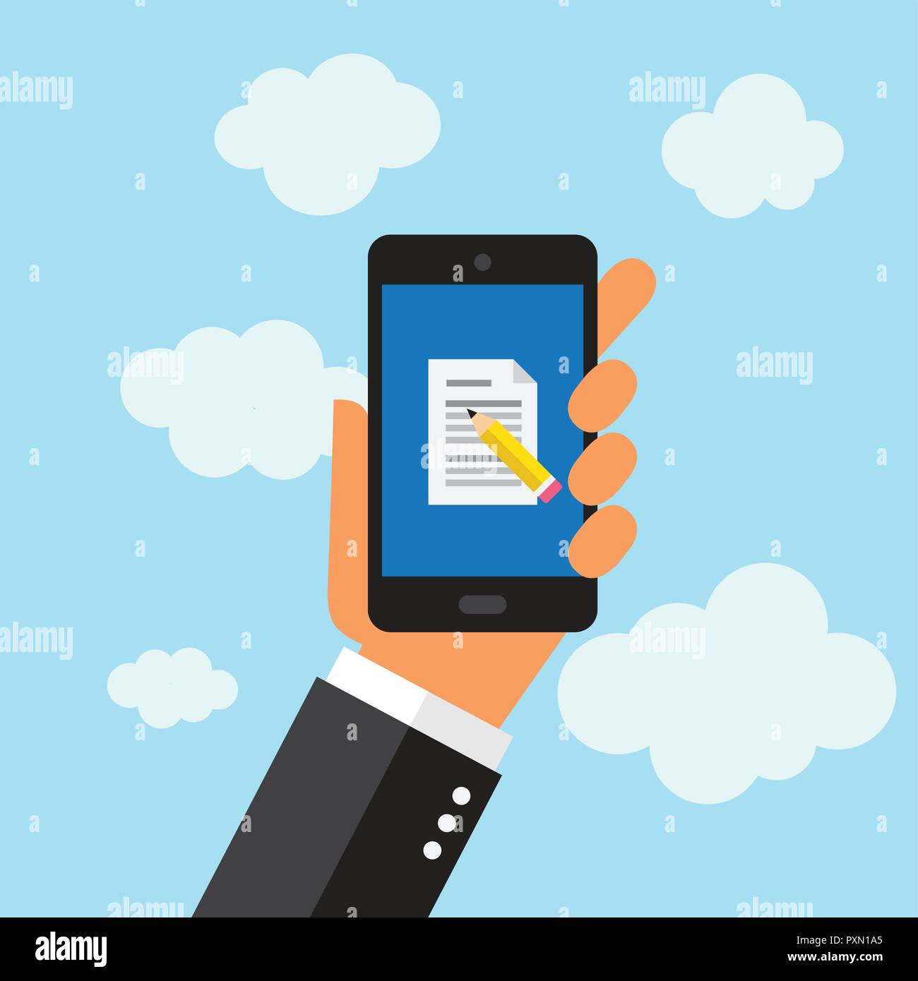 A businessman holding a phone. Letter icon. Illustration in vectors ...