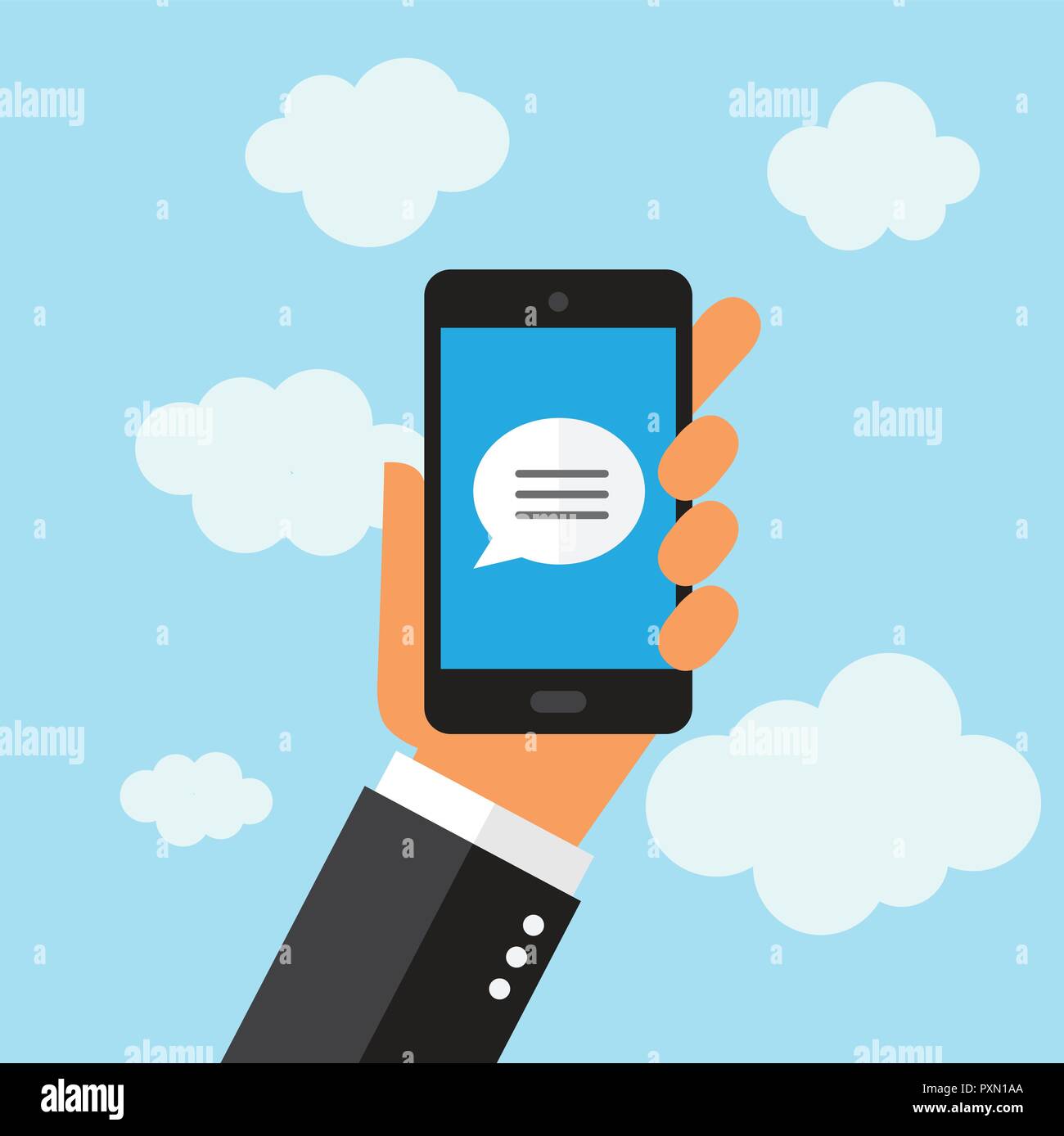 A businessman holding a phone. Message icon. Illustration in vectors ...