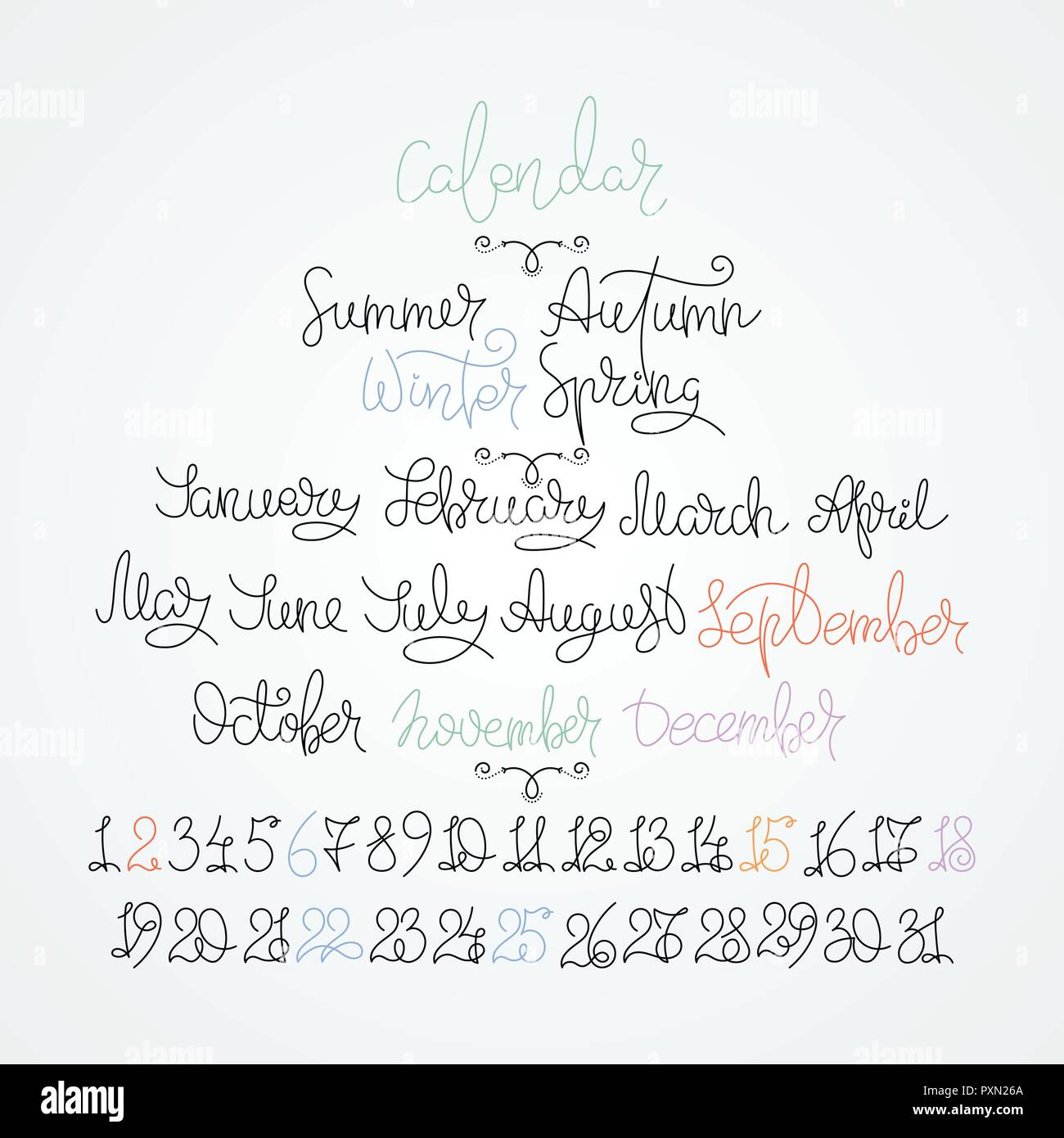 Calendar collection of months and numbers for all year, week, seasons ...