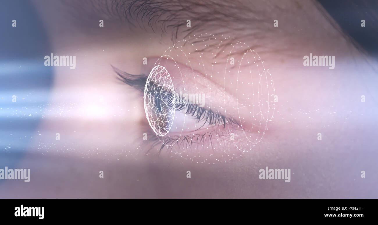 Young girl having a futuristic eye scan using facial recognition ...