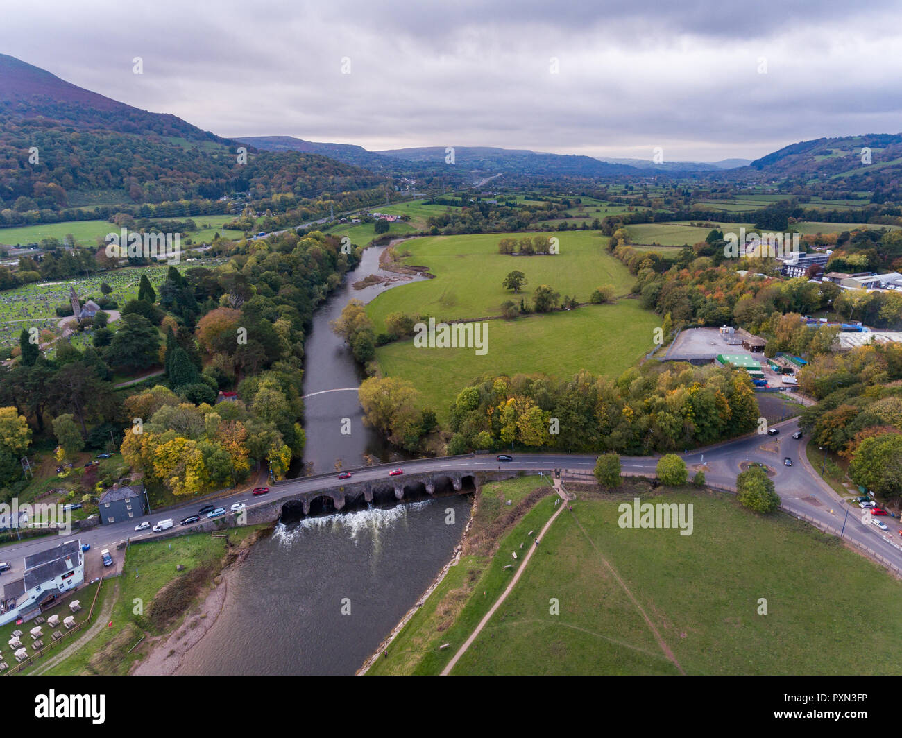 Aerial view of the Welsh Town Abergavenny near Brecon Beacons Wales ...