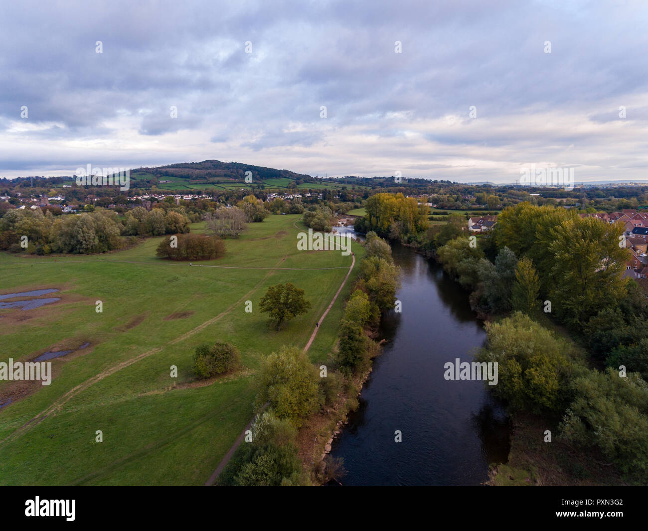 Aerial view of the Welsh Town Abergavenny near Brecon Beacons Wales ...