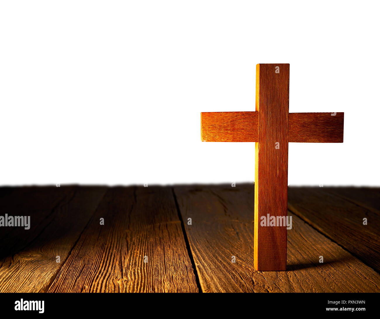 Christian wood cross on white and wooden background Stock Photo - Alamy