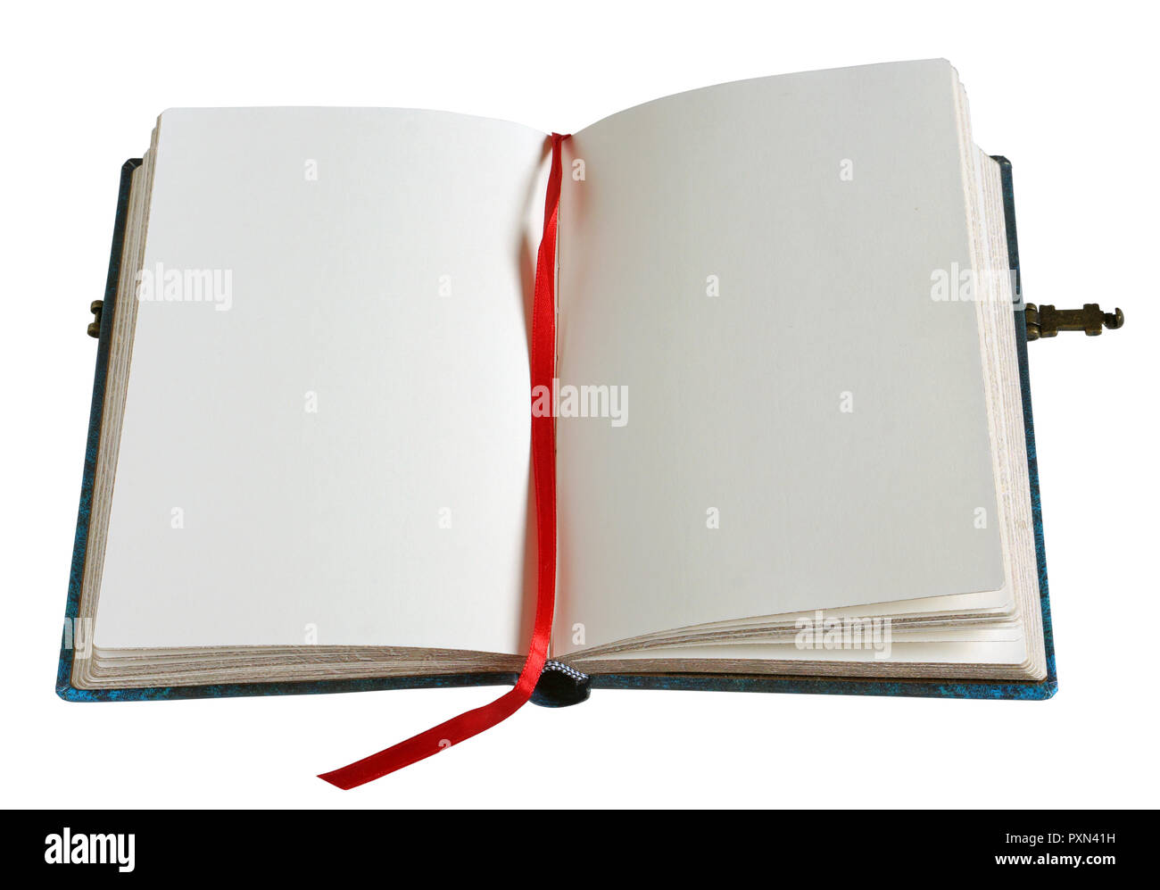 Open old retro book with blank pages, blue cover and metal clasp ...