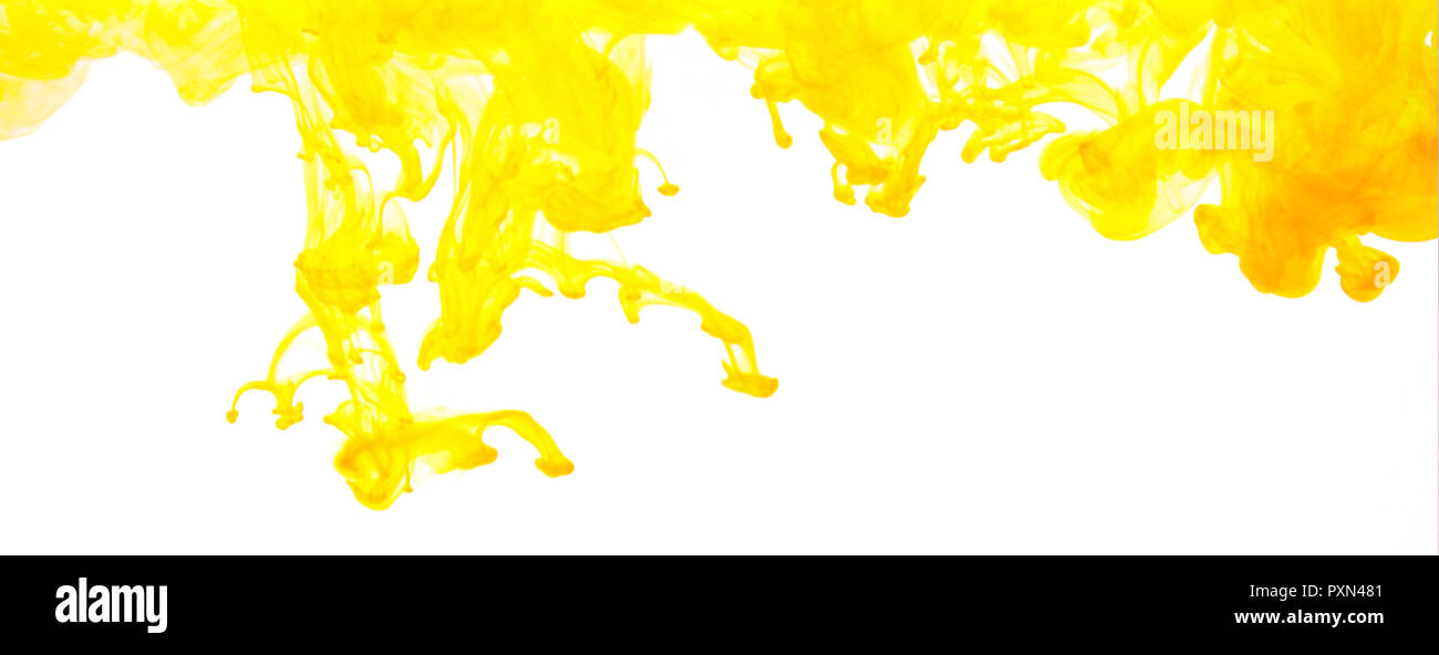 Bright yellow ink in water on pure white background. Great texture ...
