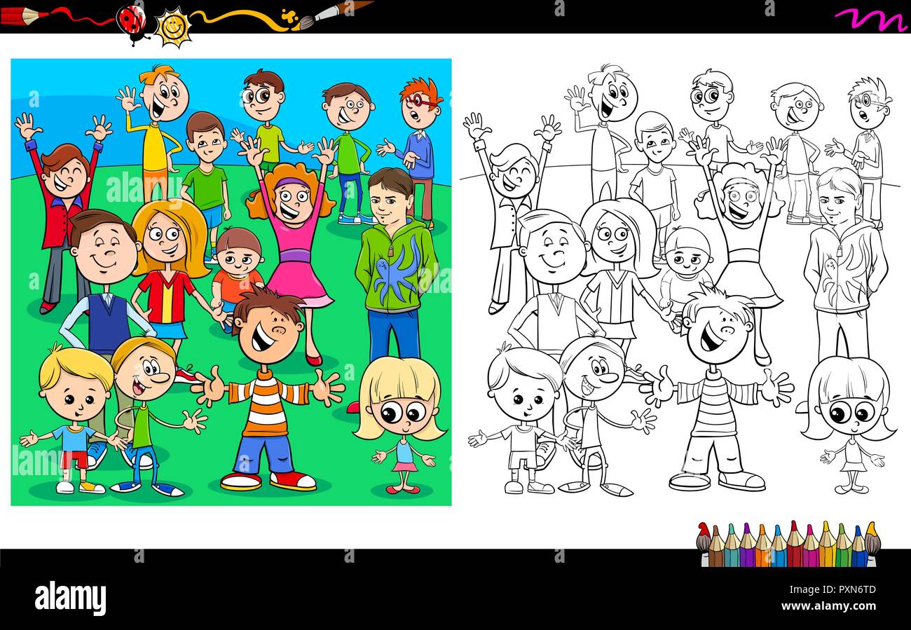 Cartoon Illustration of Children Characters Group Coloring Book ...