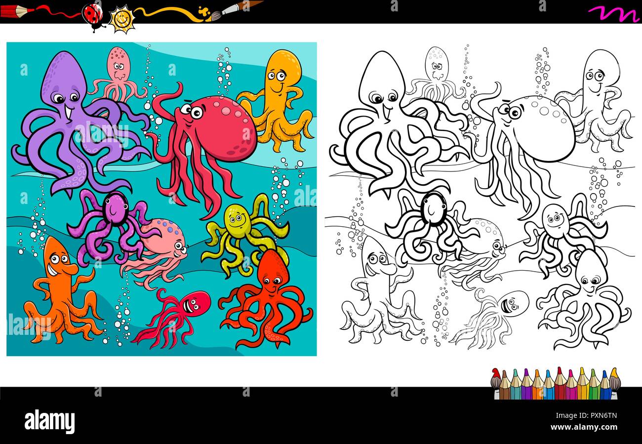 Cartoon Illustration of Octopus Sea Life Animal Characters Group ...