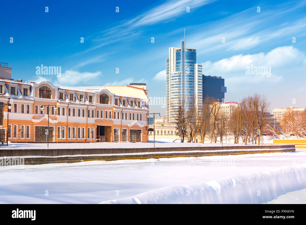 A view of the Svislach river and Zybitskaya Street. Minsk, Belarus ...