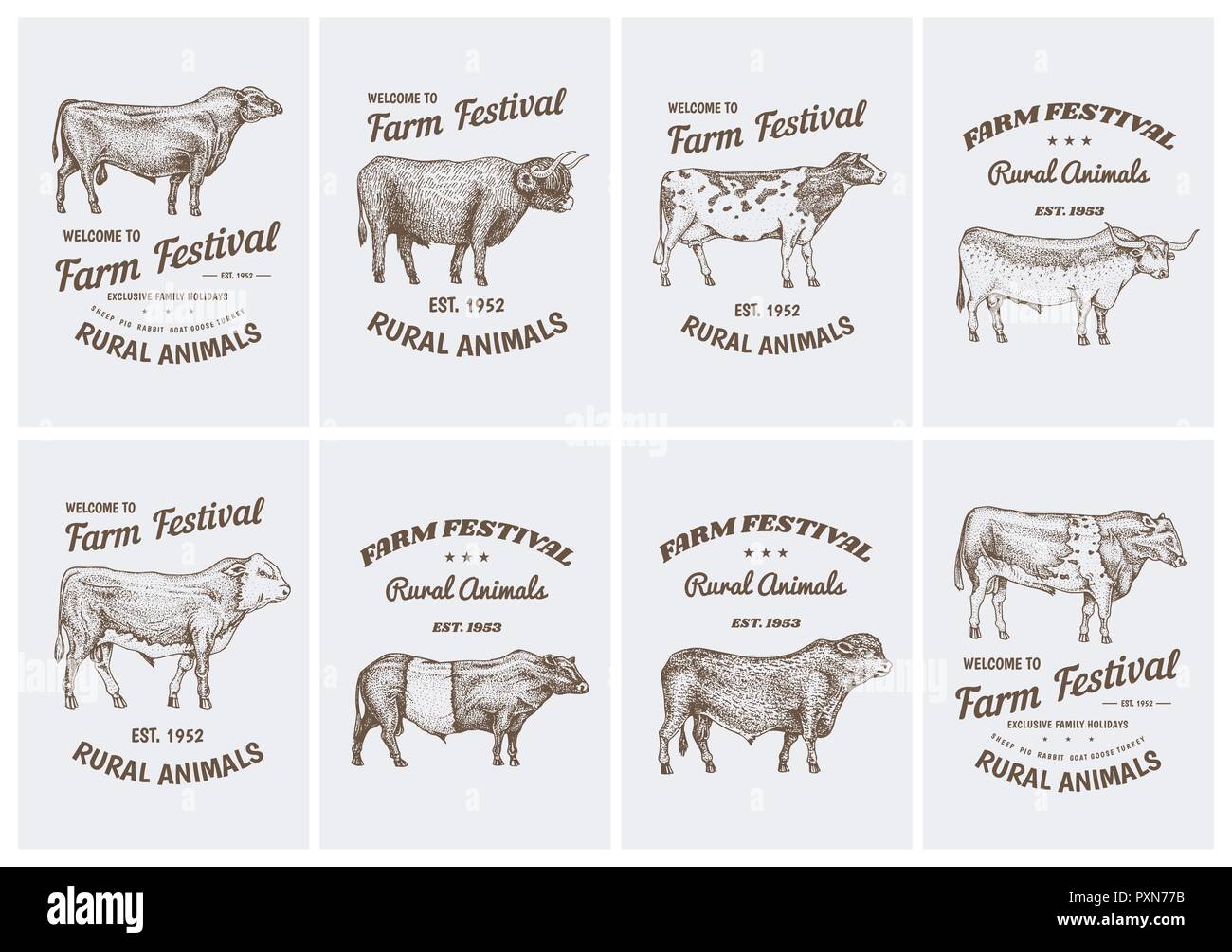 Vintage cards. Farm cattle bulls and cows. Different breeds of domestic ...