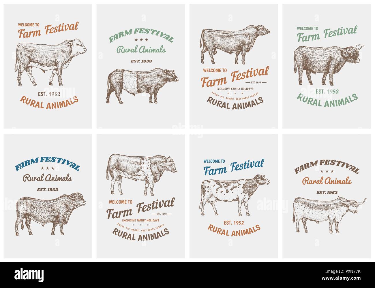 Vintage cards. Farm cattle bulls and cows. Different breeds of domestic ...