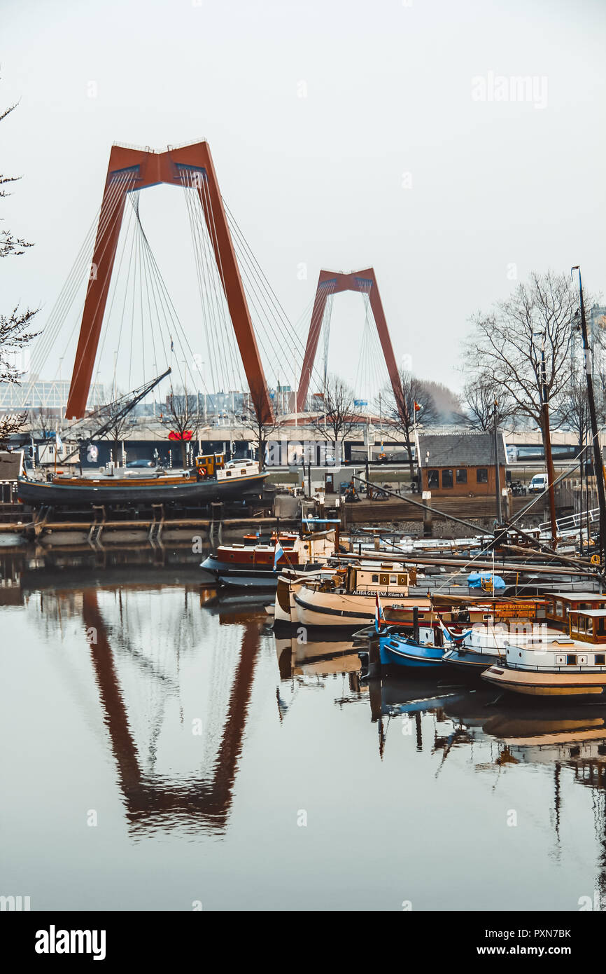 The Red Bridge (Willemsbrug) in Rotterdam Holland with its reflection ...