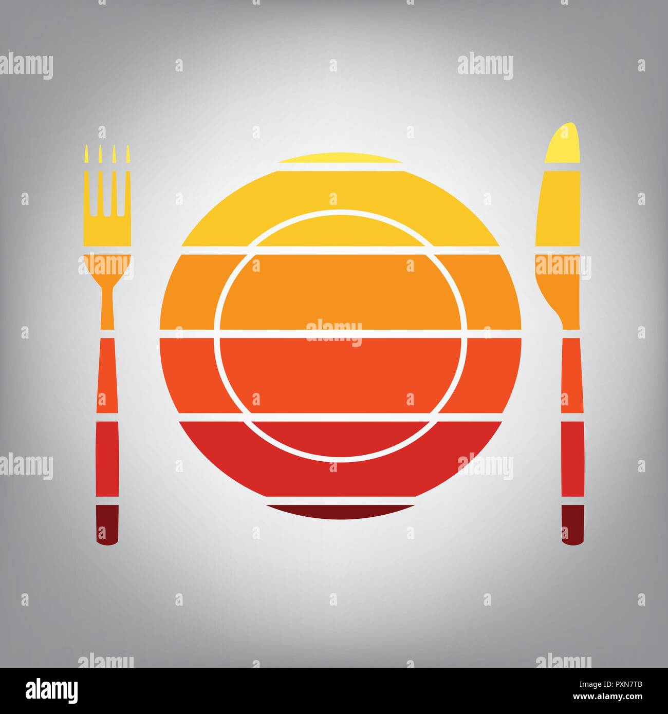 Fork, Knife and Plate sign. Vector. Horizontally sliced icon with ...