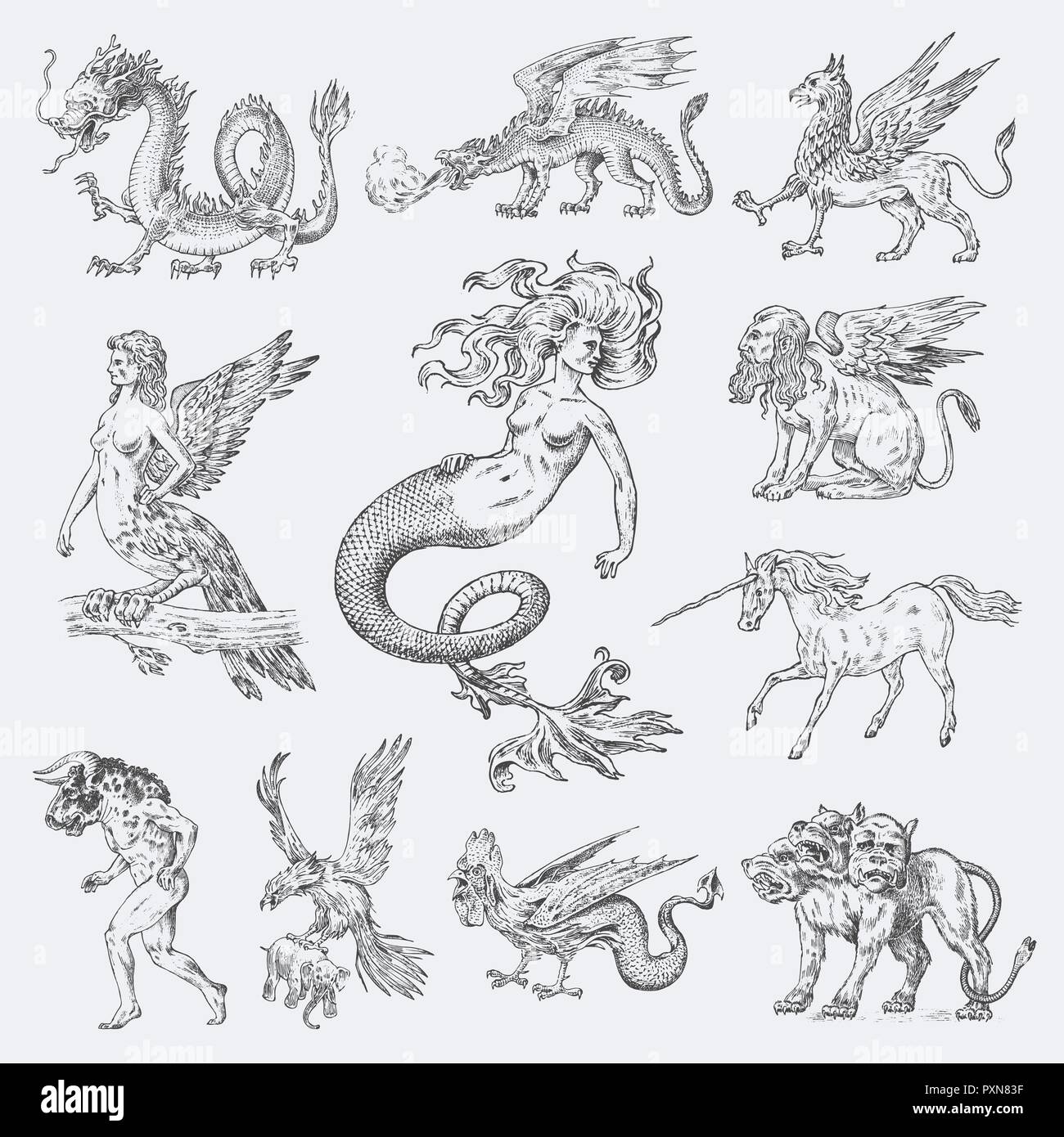 Set of Mythological animals. Mermaid Minotaur Unicorn Chinese dragon ... Set of Mythological animals. Mermaid Minotaur Unicorn Chinese dragon ...