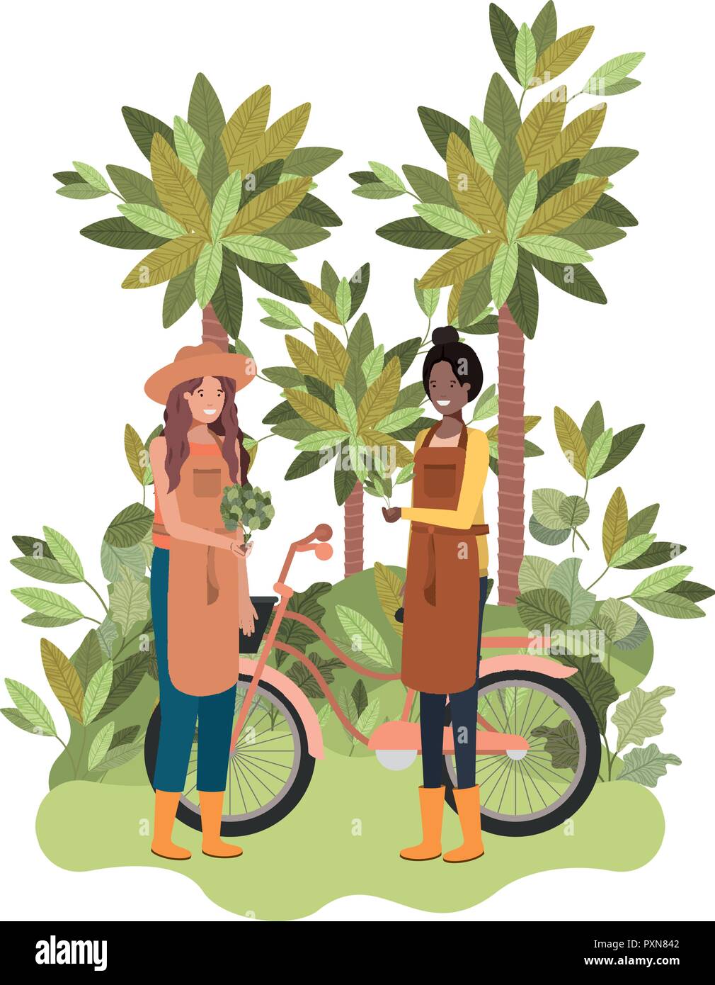women gardeners with bicycle in landscape Stock Vector Image & Art - Alamy