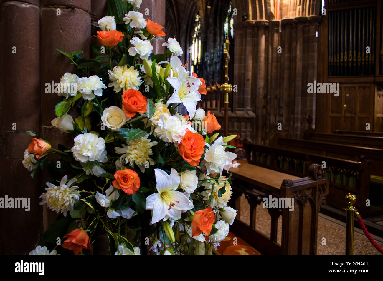 Bouquet of flowers in front of the choir stalls at St Mary's Church ...