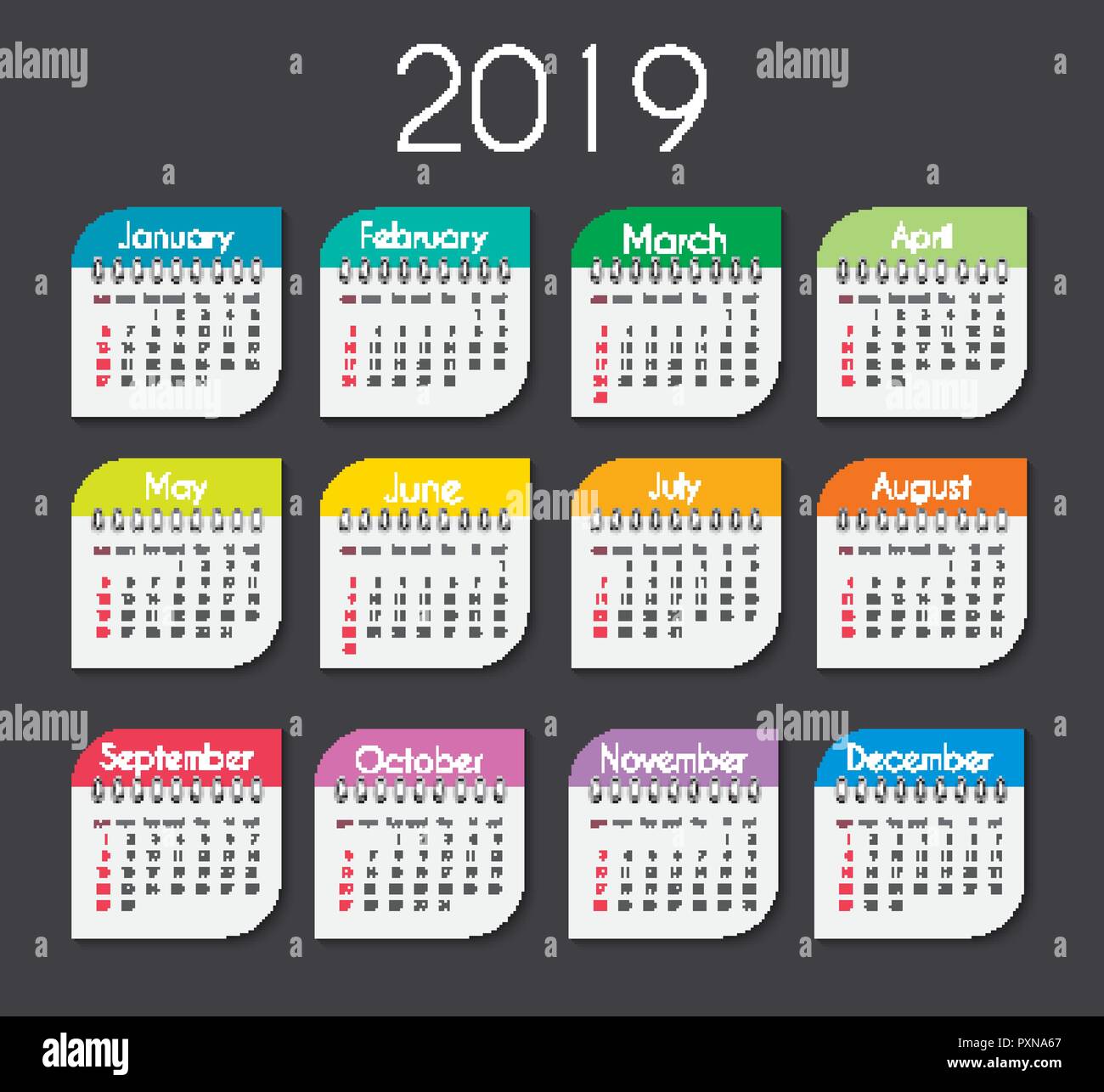 Colorful year 2019 calendar template. Vector Illustration Stock Vector ...