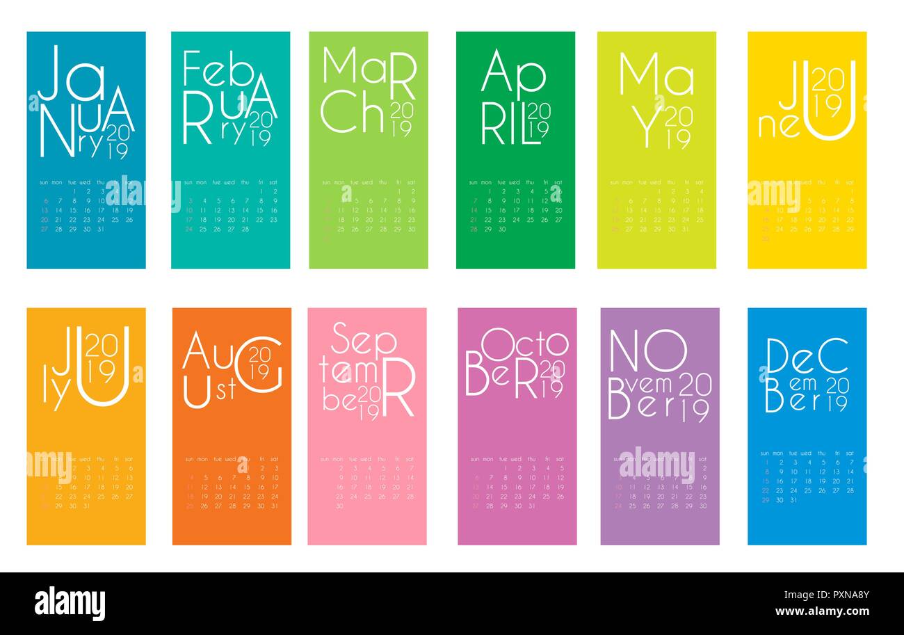 Colorful year 2019 calendar template. Vector Illustration Stock Vector ...