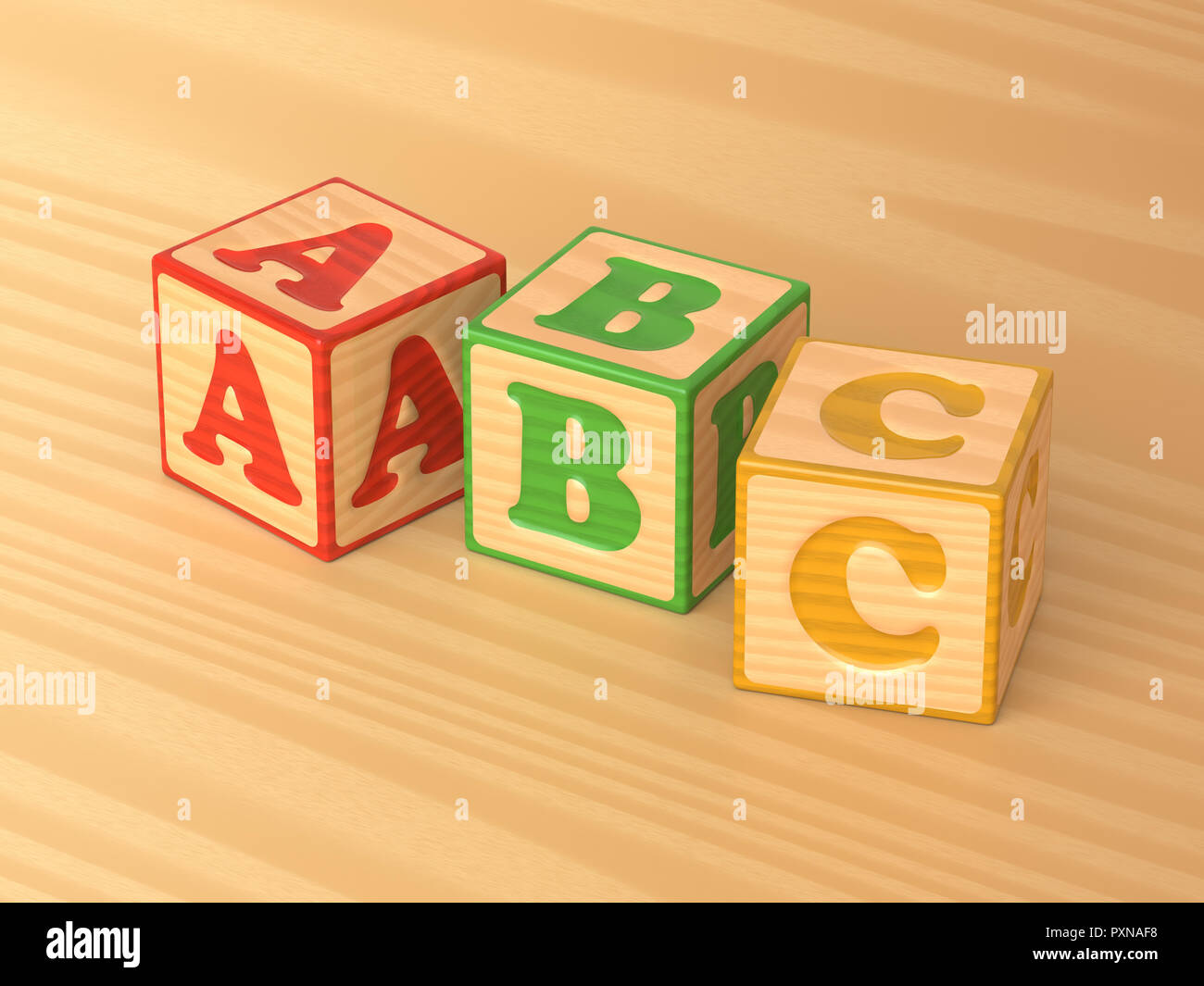 3d rendered angled view of a row of red, green and yellow wooden toy ...