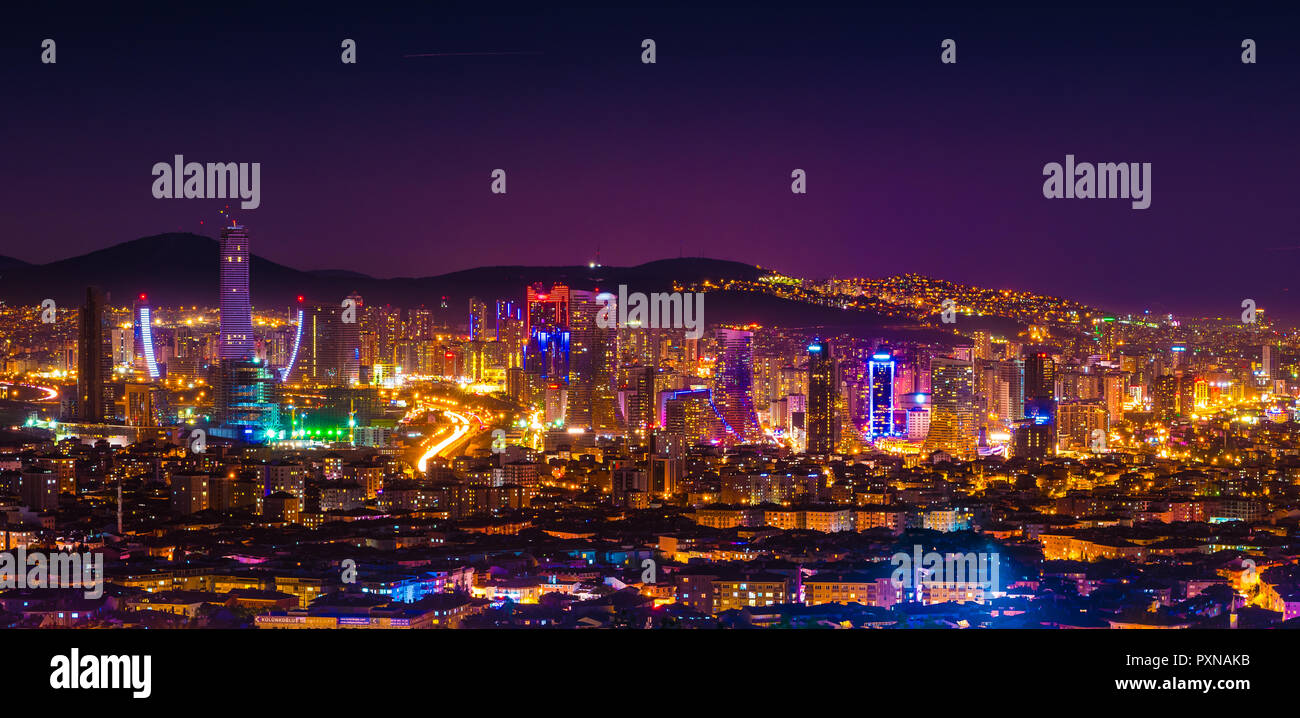 Istanbul night view from the city center. Skyscrapers, hotels and ...