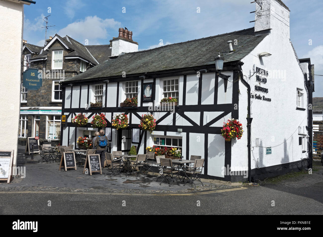 The Queens Head village pub public house in late summer Hawkshead ...